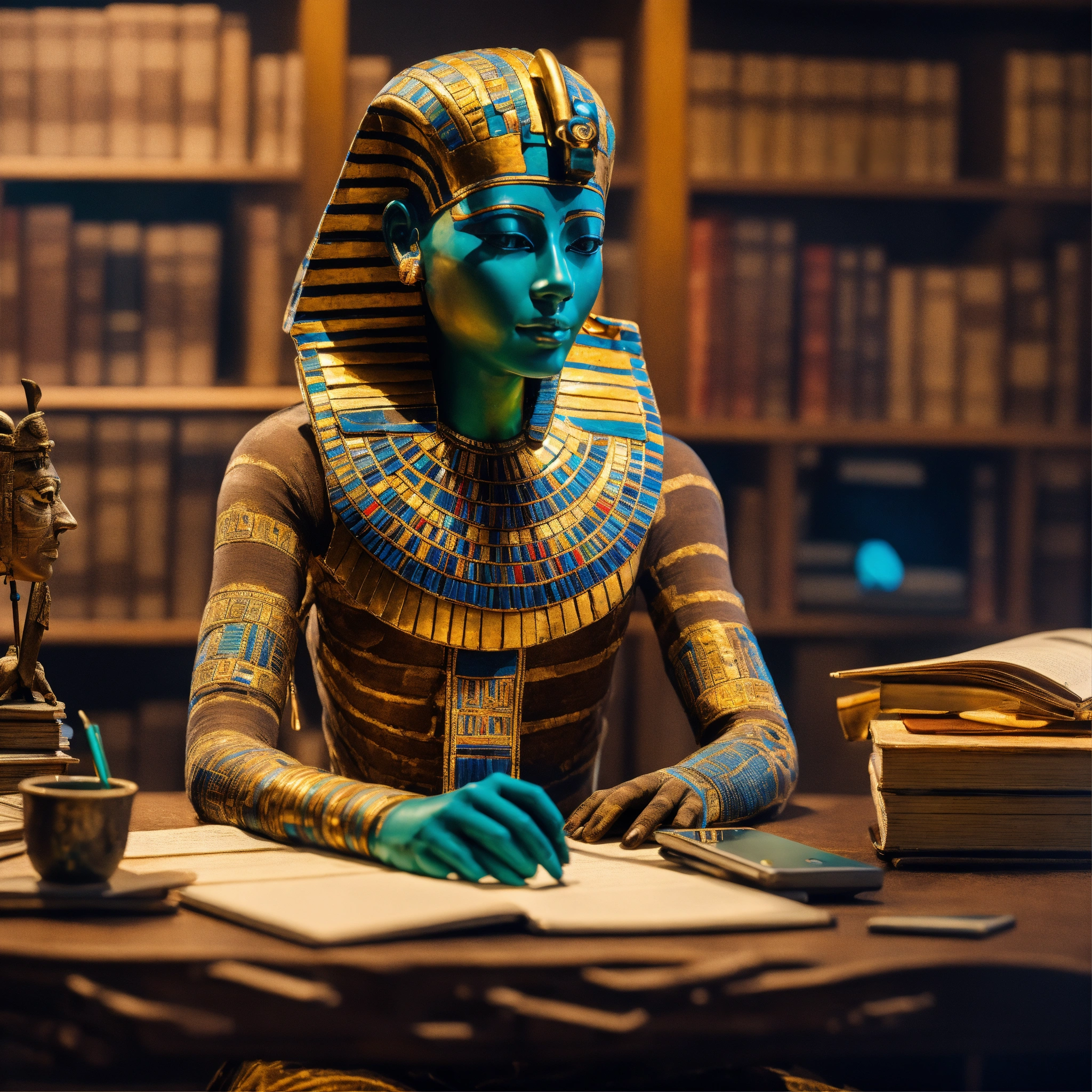 Lexica - An Egyptian mummy sitting at a desk, studying artificial ...