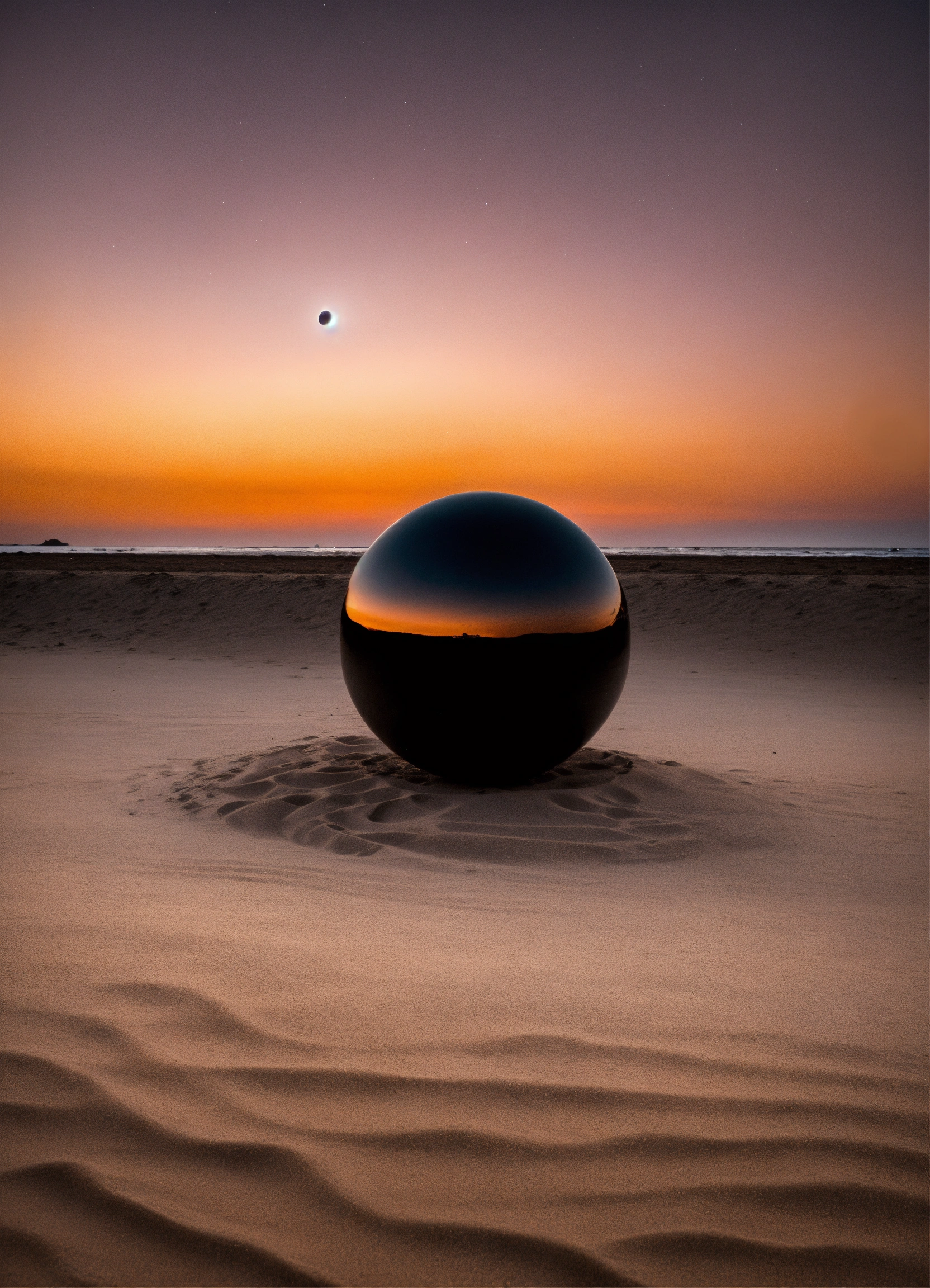 Lexica - A perfectly round black orb on the sand at night with no light ...