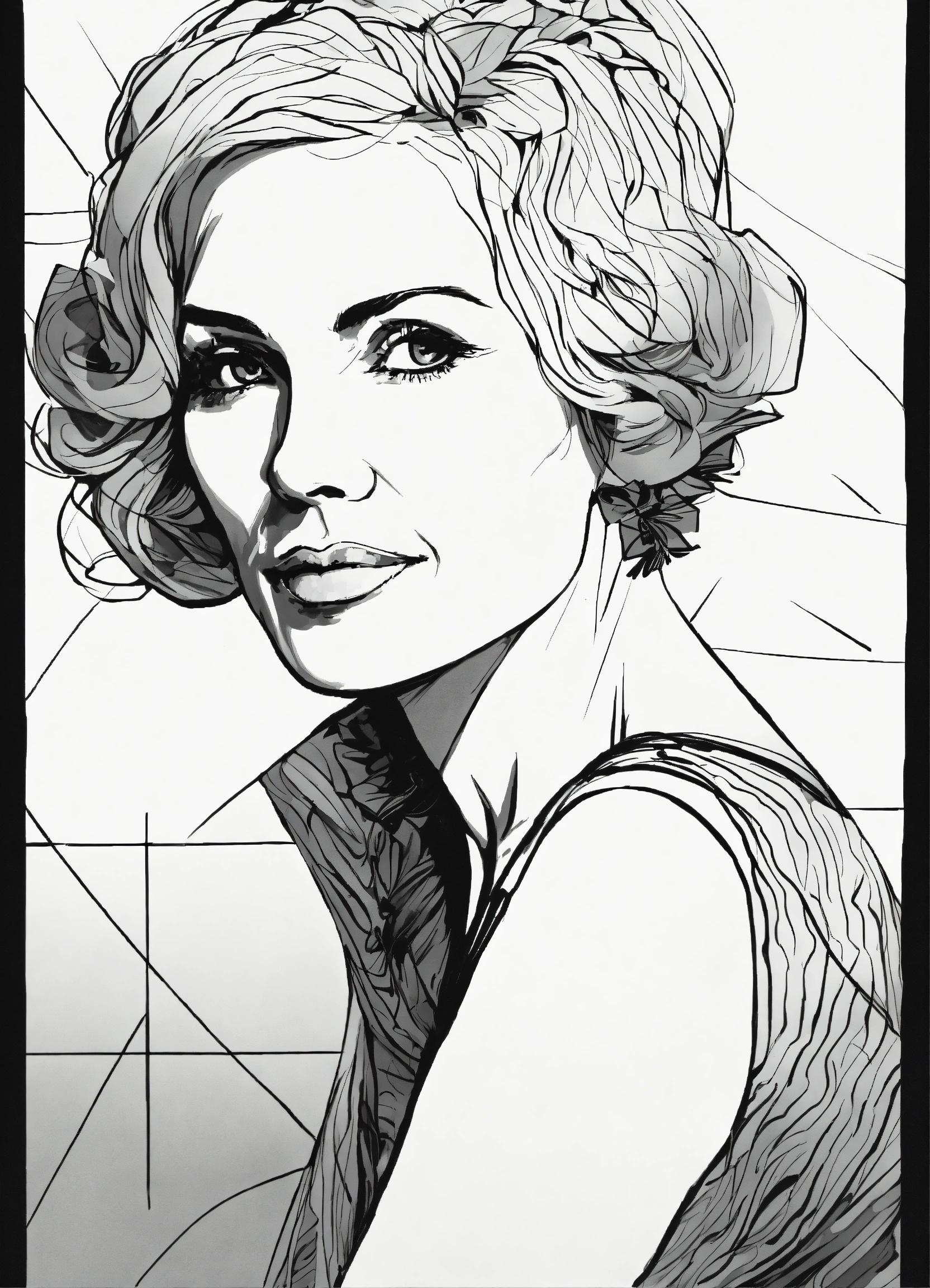 Lexica - Black and white bold line drawing, beautiful older woman ...