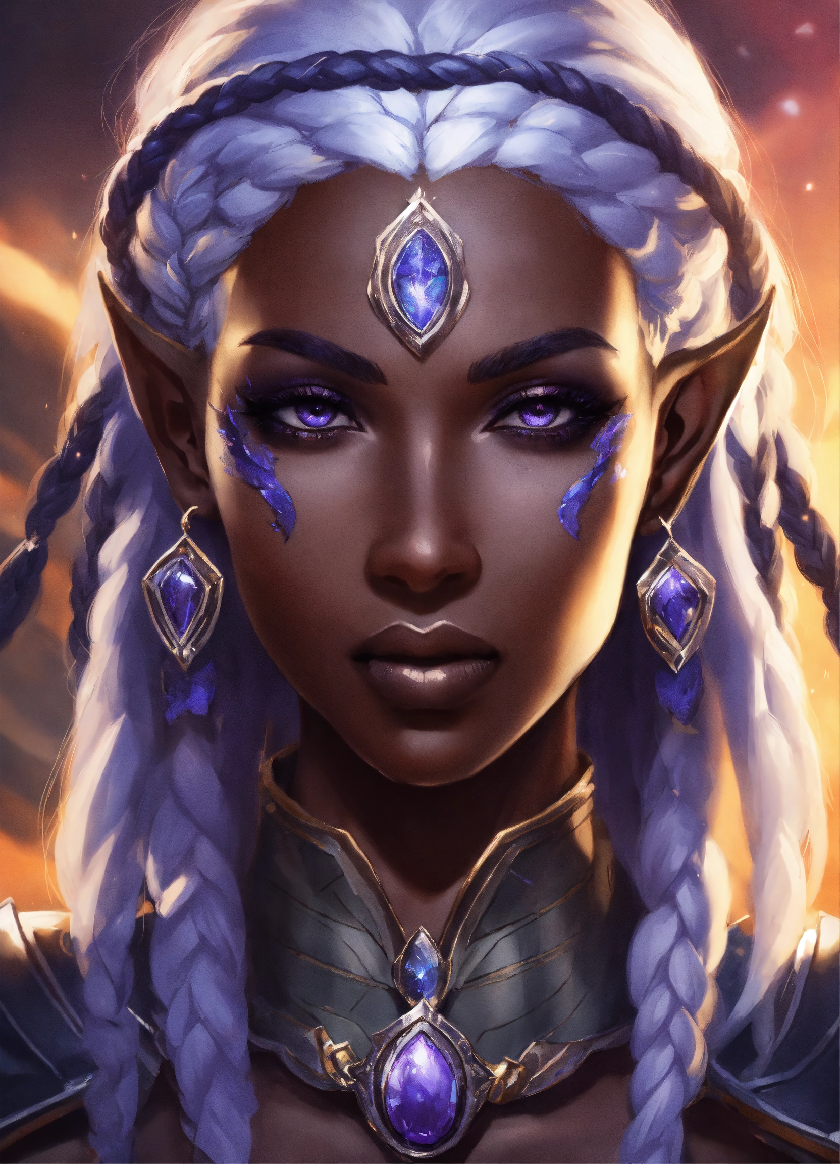 Lexica - A beautiful drow woman in sun themed armor. she has braids and ...