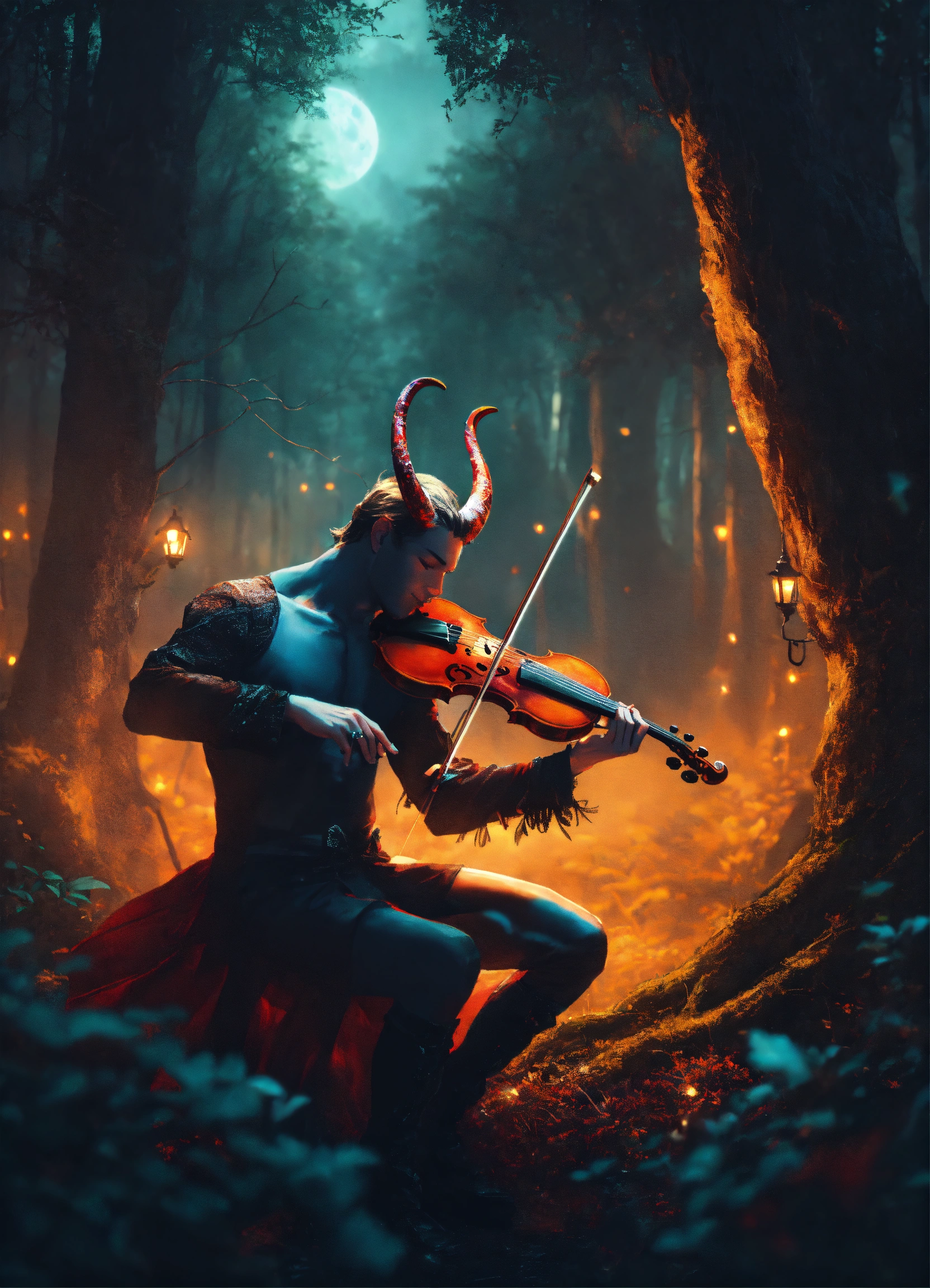 Lexica - Handsome demon man with small horns , in a forest at night ...