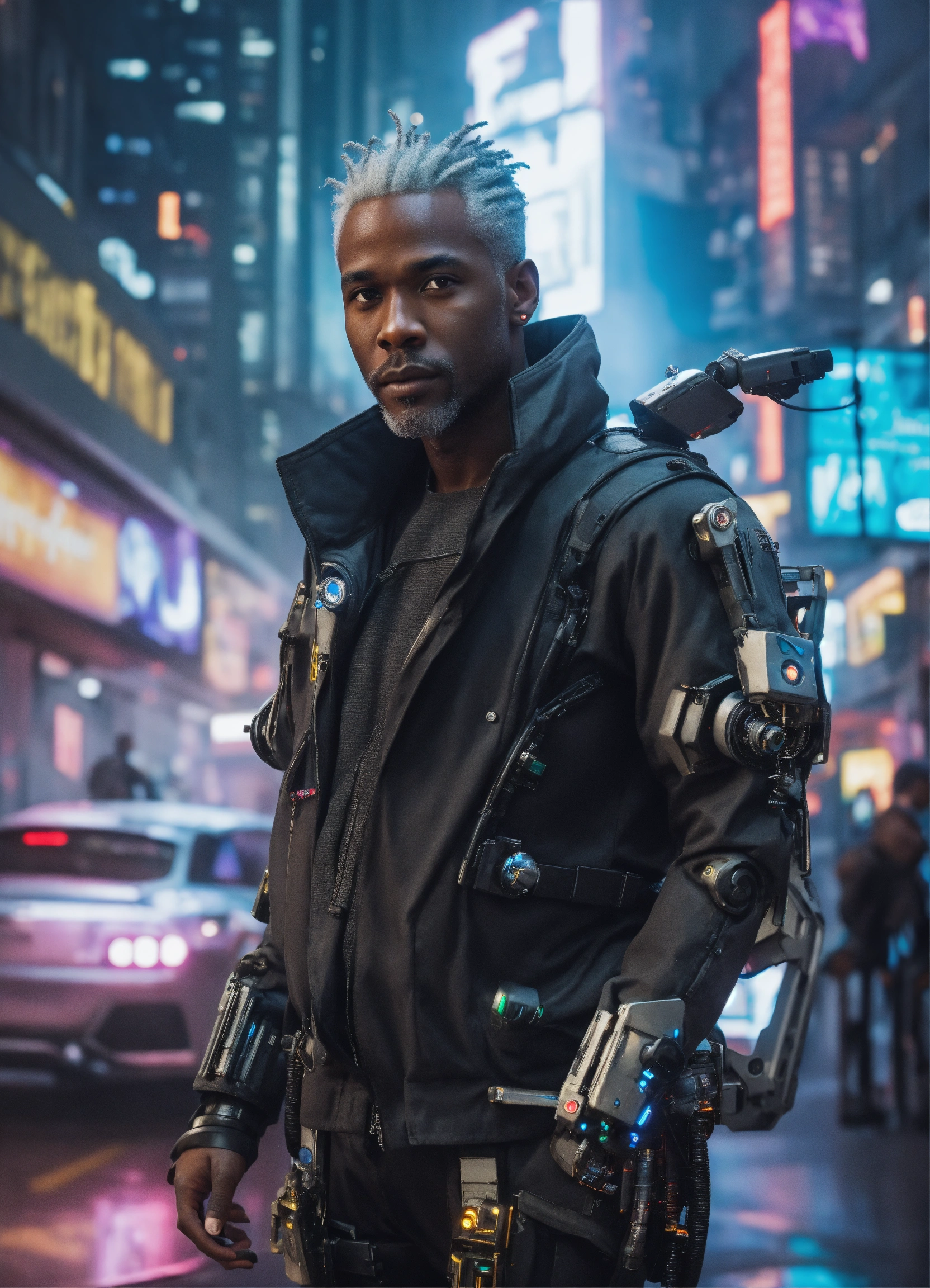 Lexica - A black man with grey hair and robotic eyes dressed in a ...