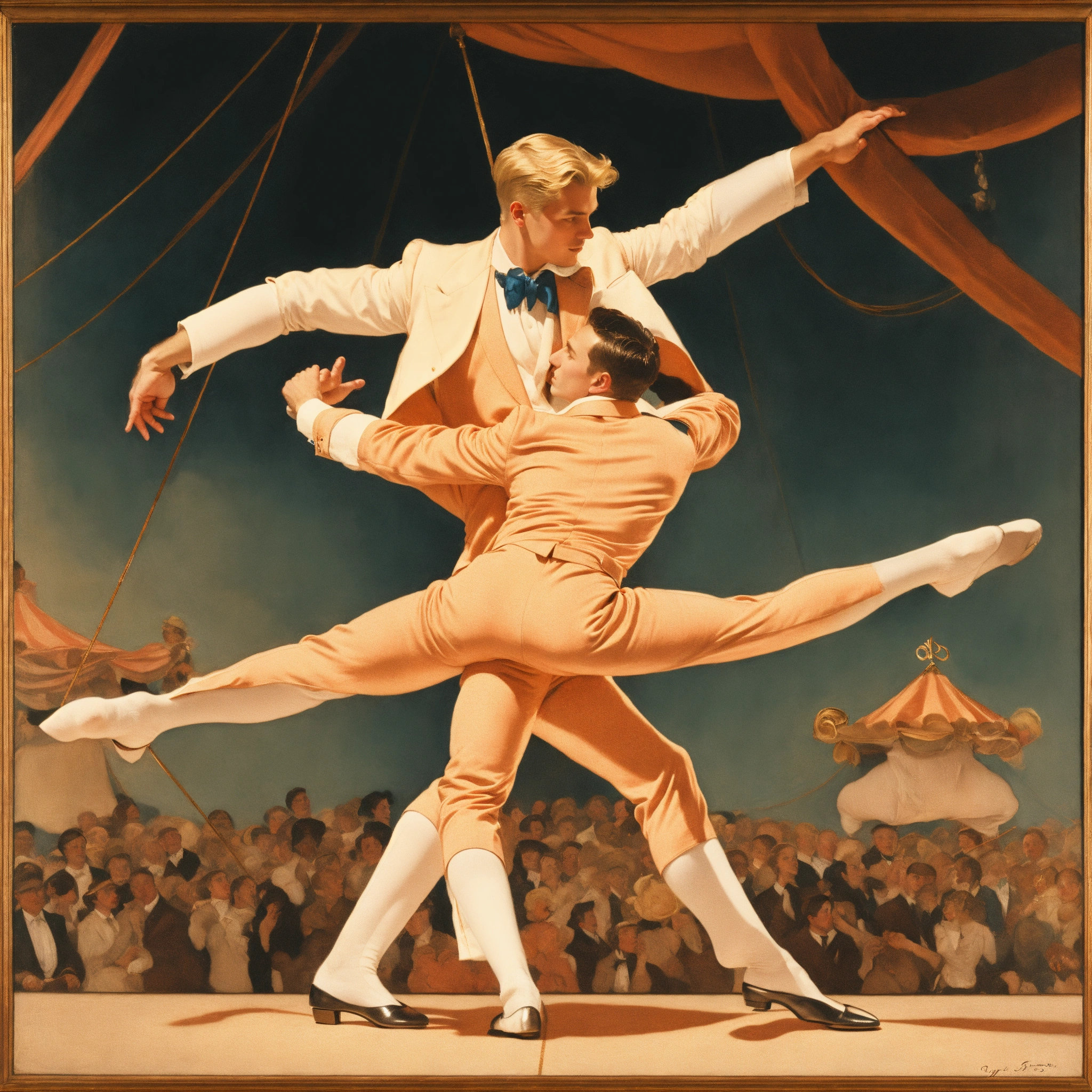 Lexica - A blonde male acrobat in white tights holding in arms a ...