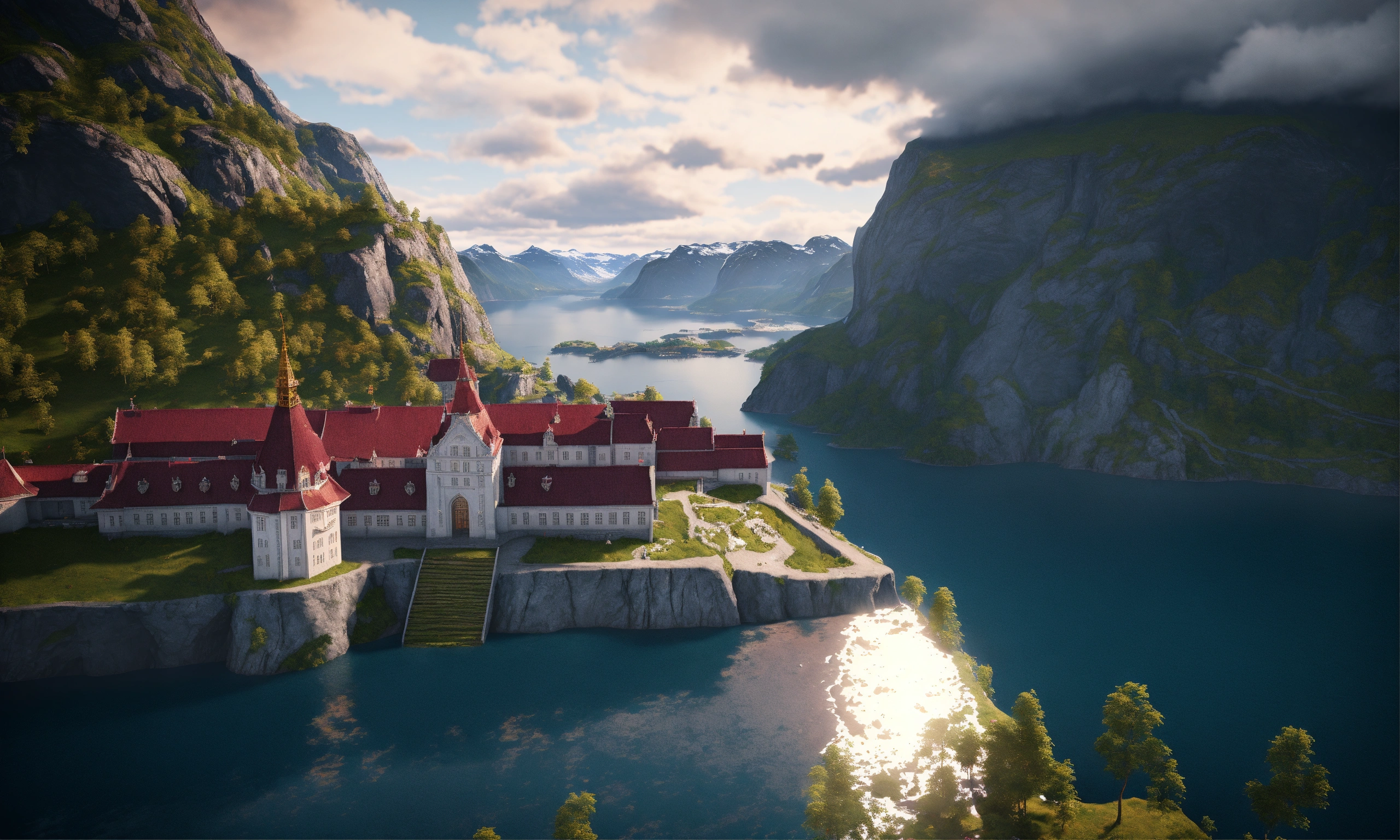 Lexica - Full image of a massive royal palace with a maroon roof on a cliff overlooking a Fjord ...