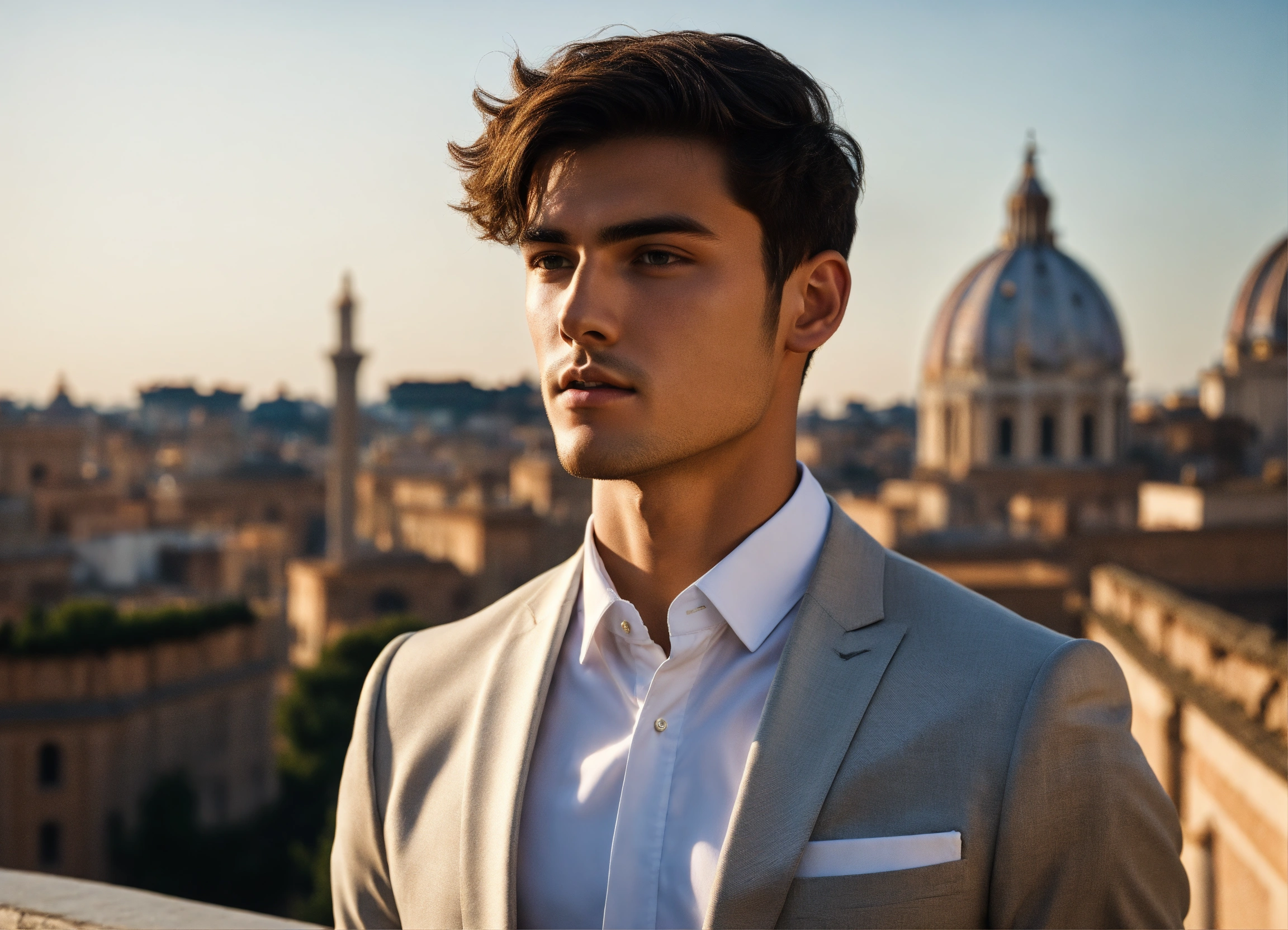 Lexica - Photo of one young male model in whiteclothes looking to the ...