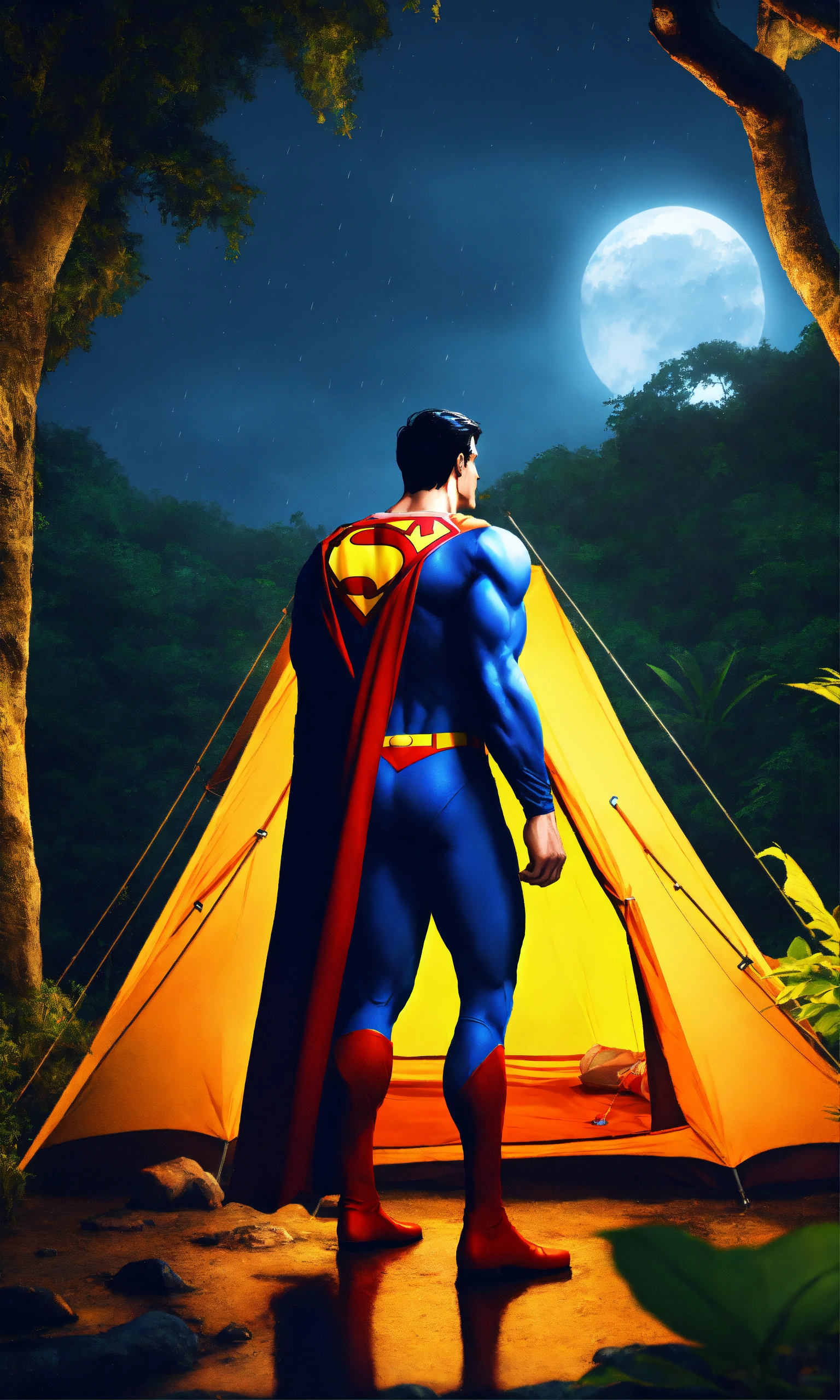 Lexica - Superman camping on a rainy day in the jungle at night, nature ...