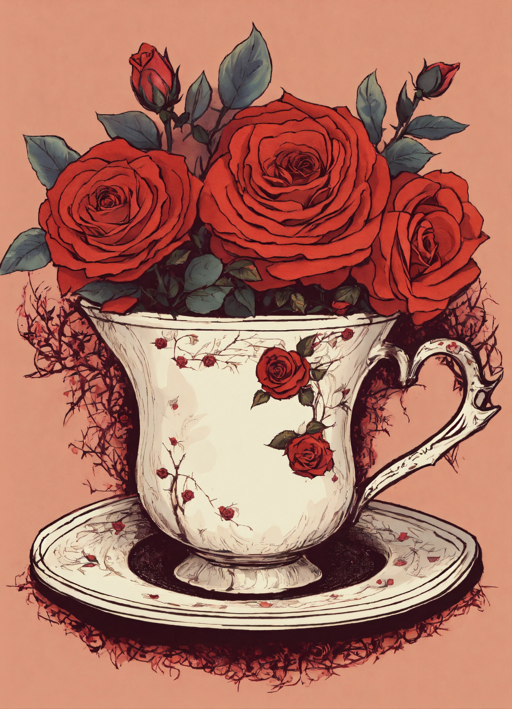 Lexica - Bone hand holding a vintage tea cup, roses with thorns twisted ...