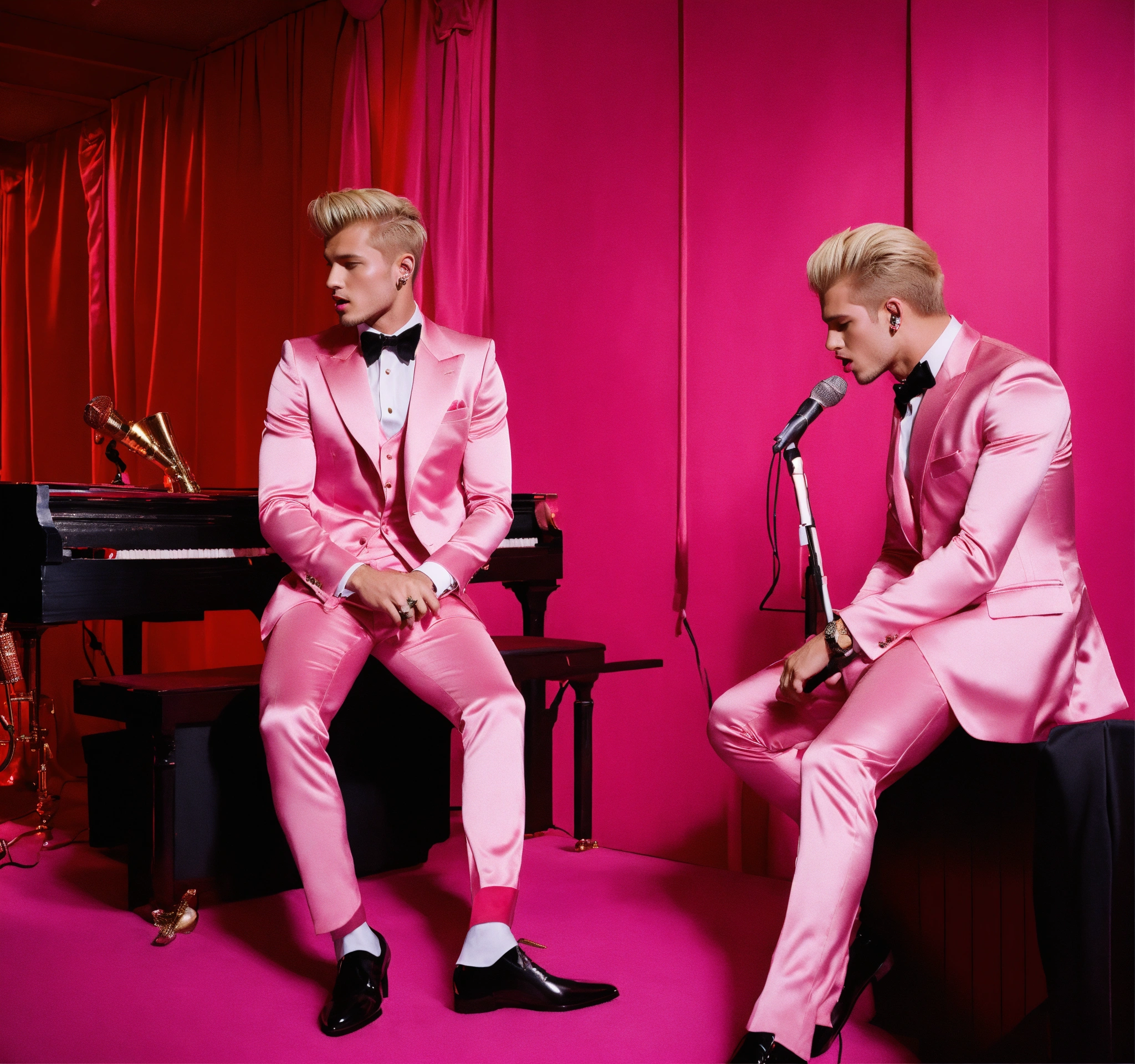 Lexica - Two young male blonde singers in satin pink vested suit ...