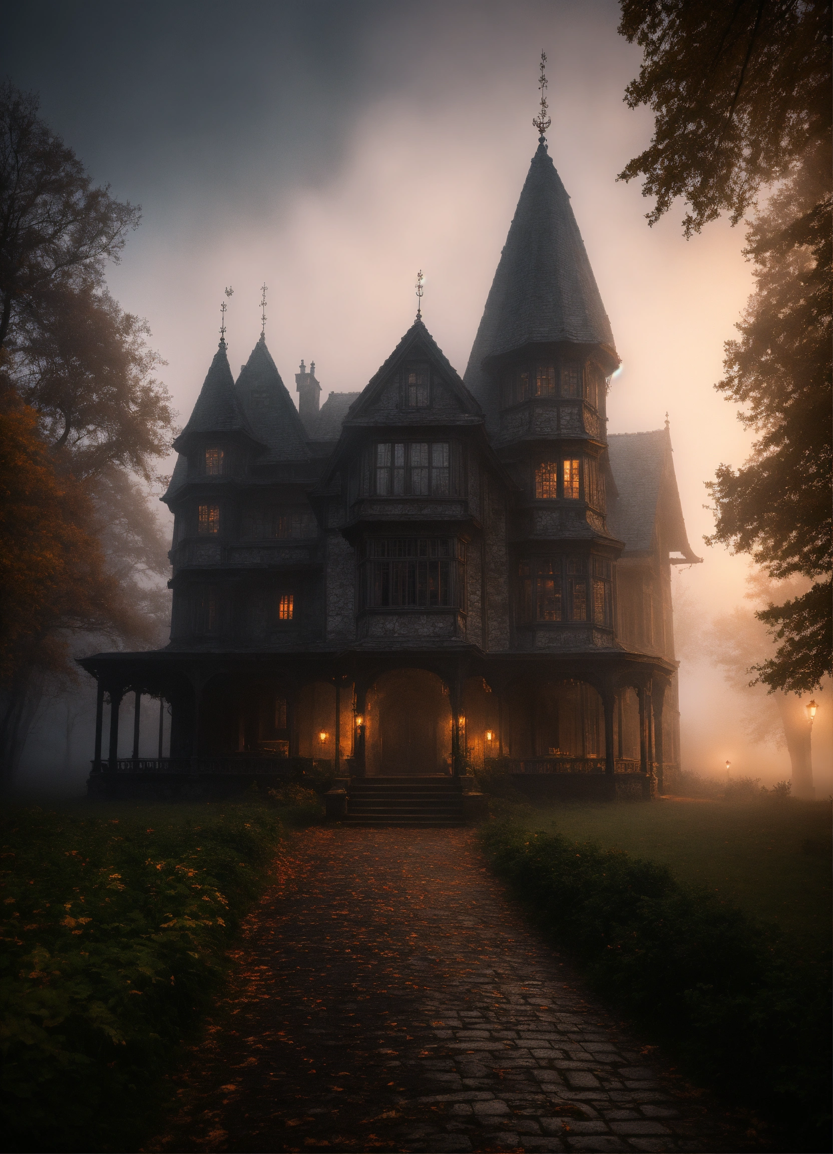 Lexica - An Image of a dark manor set in a setting of fog and evil ...