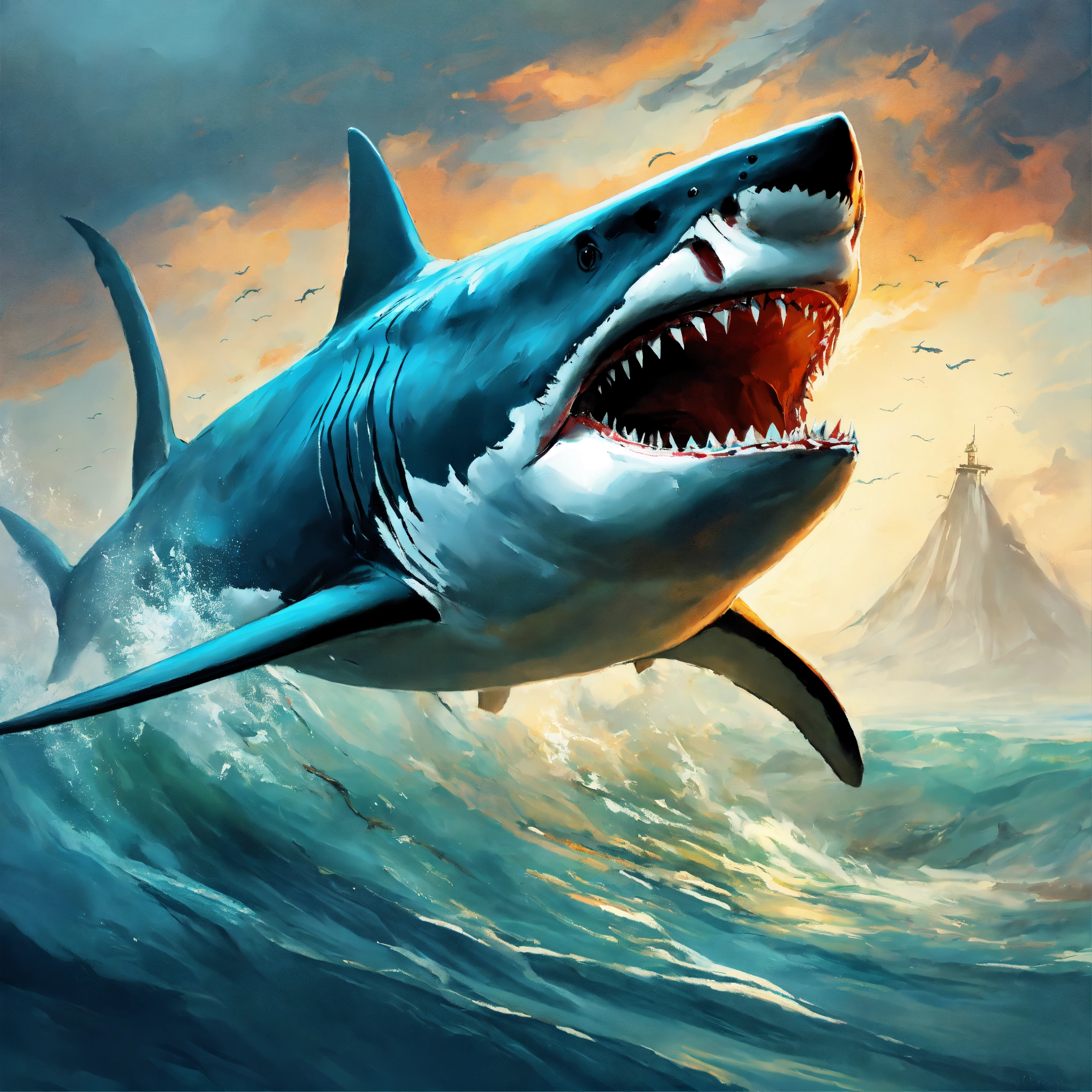 Lexica - Oil paint concept art of a megalodon shark, blind, full of scars, oil painting style ...