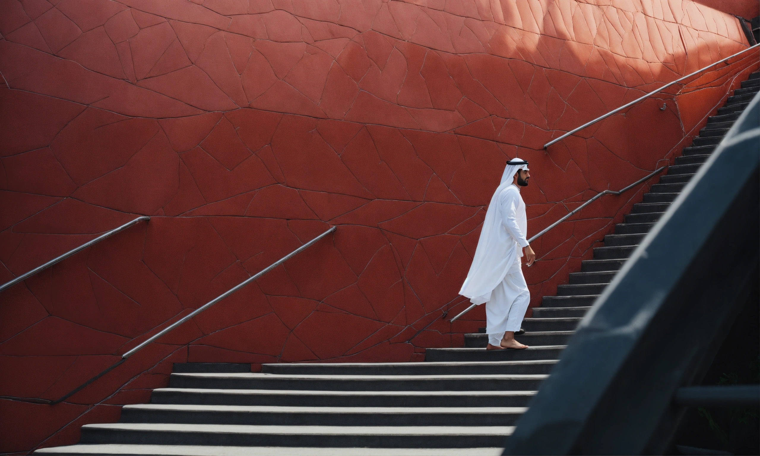 Lexica - Saudi man climbing up steps, looking right, side-way, climbing ...