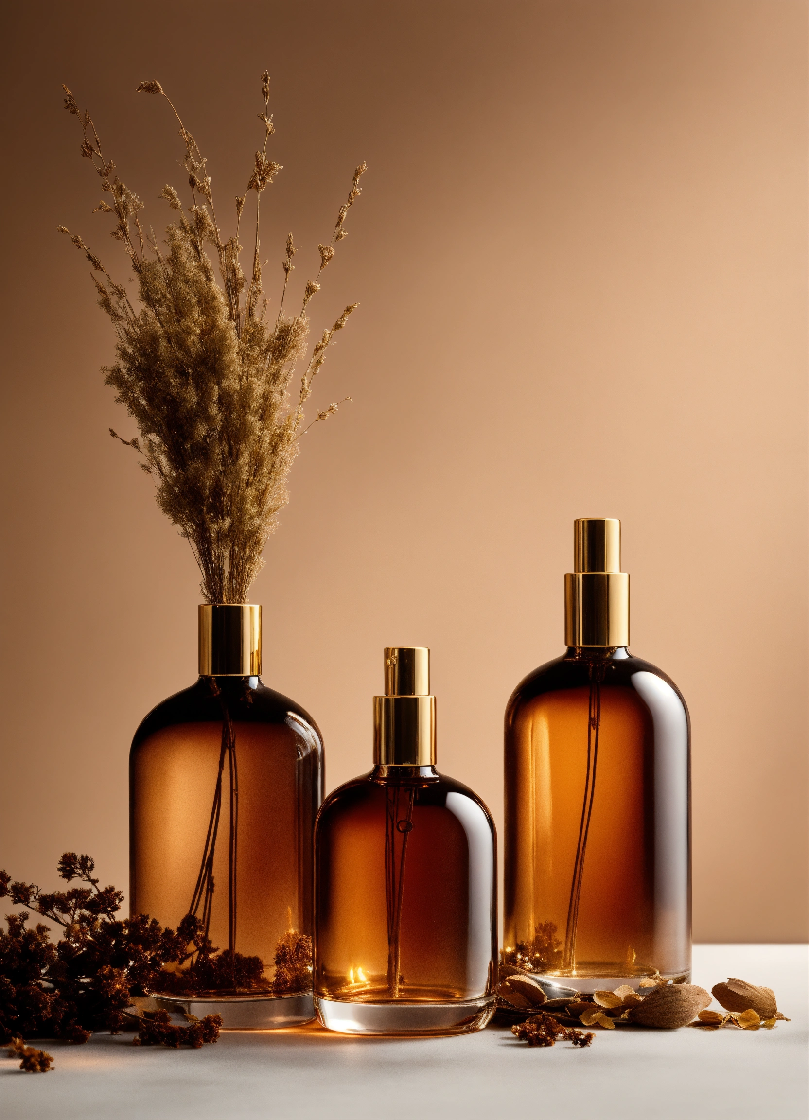 Lexica - Product photography of 3 brown glass cologne bottles with gold ...