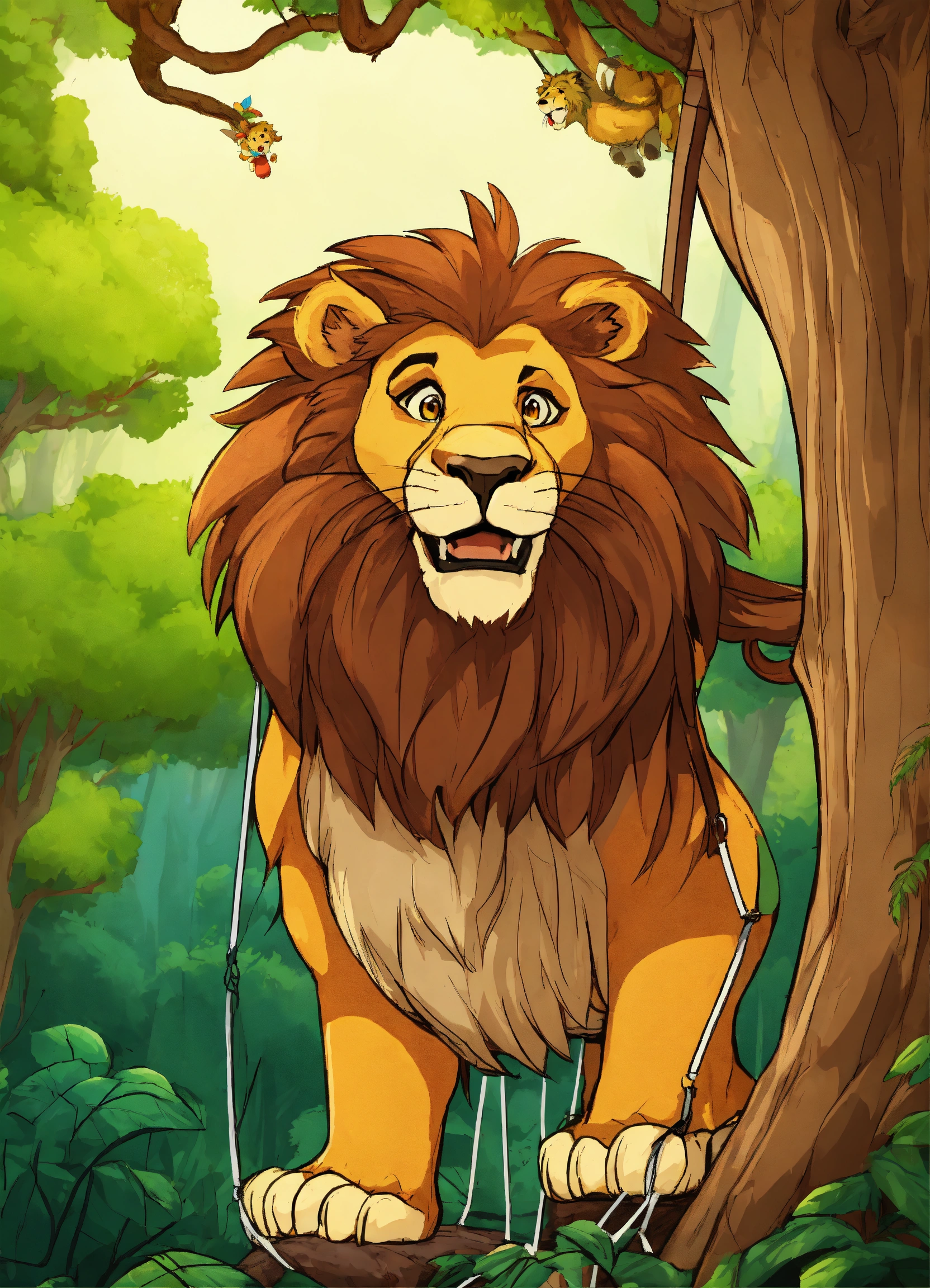 Lexica - Cartoon A big lion gets trapped in a net in the forest and ...