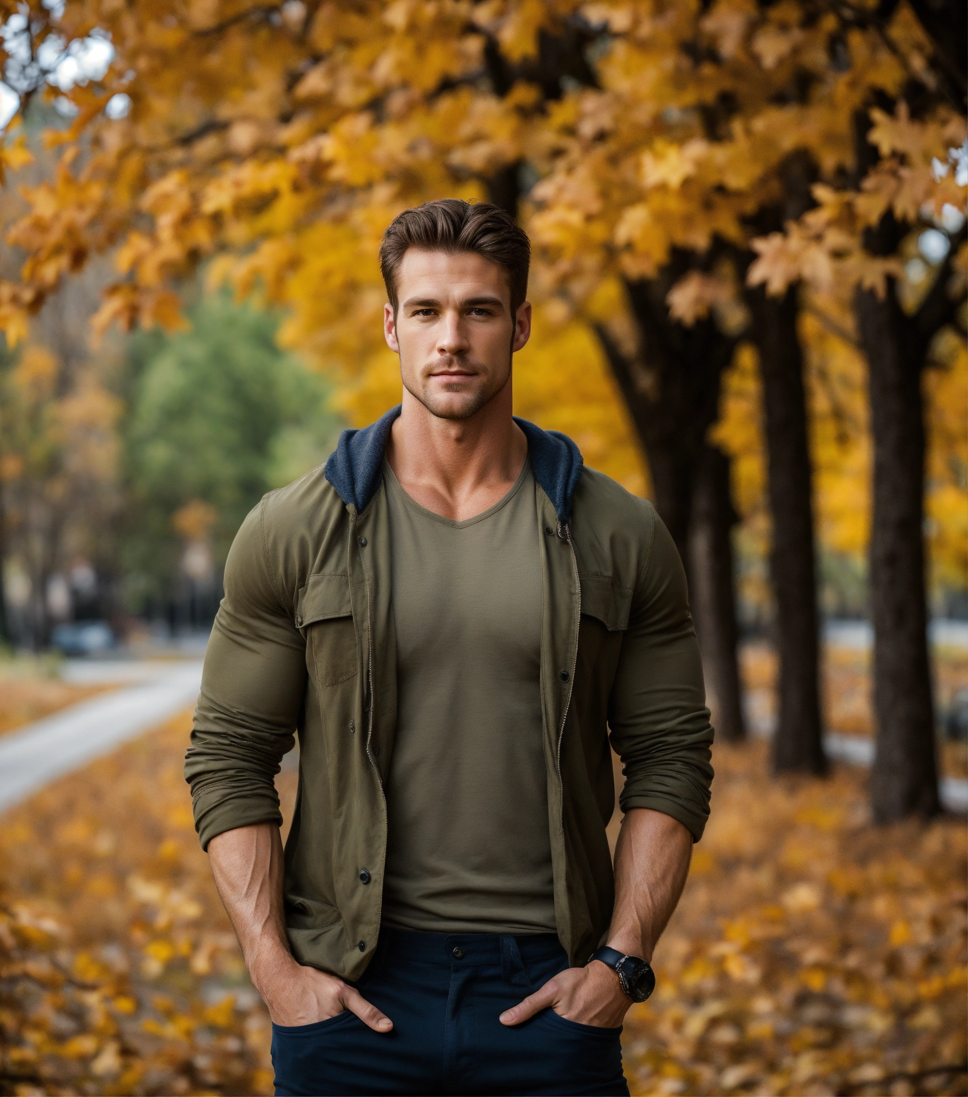 Lexica - Handsome white man, muscular looking at camera in the fall