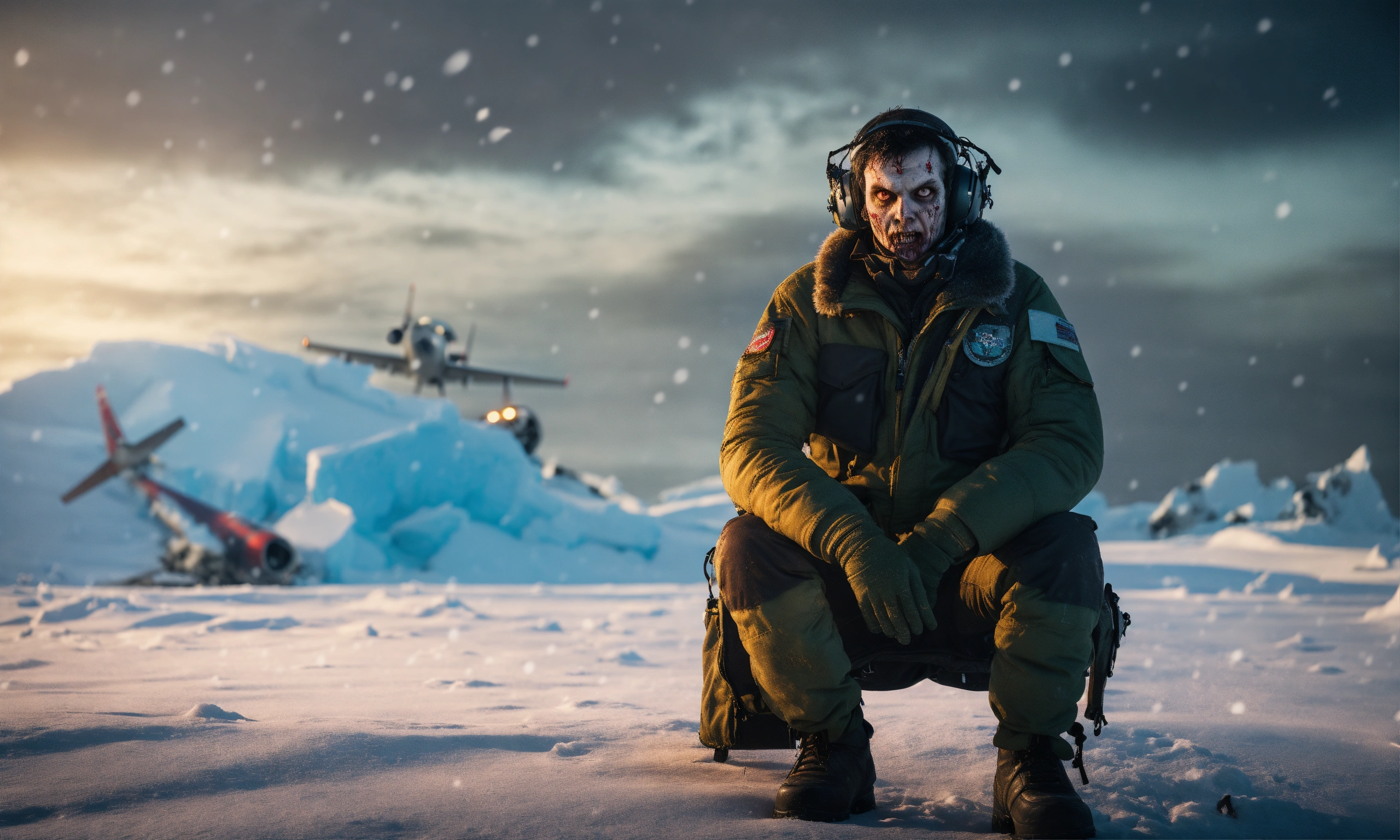 Lexica - Scary zombie-pilot sitting near crashed plane in Antarctica ...