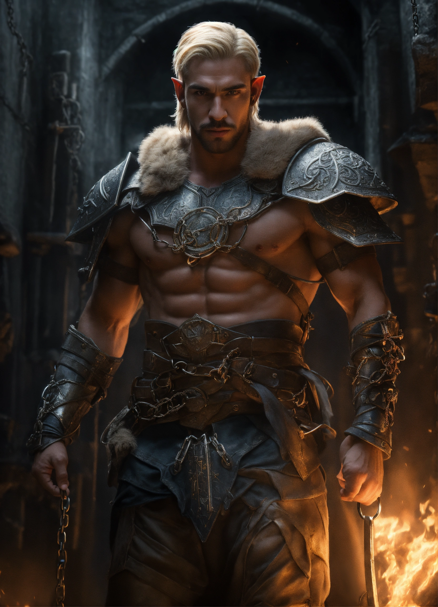 Lexica - Full body strong handsome Dominican god elf chained by enemies ...