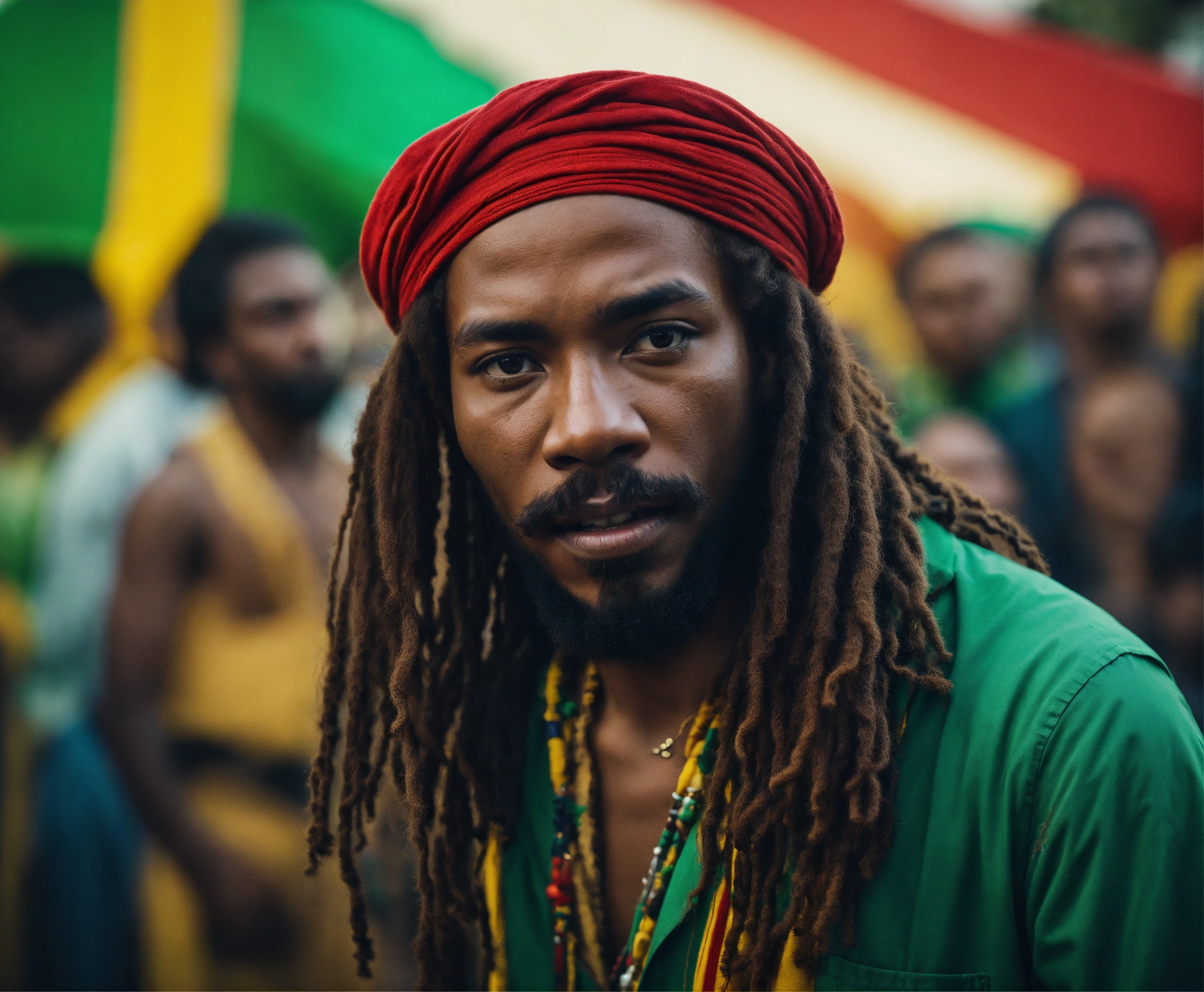 Lexica - Rastafarian with hands-on jaw grip with fear, crowd in the ...