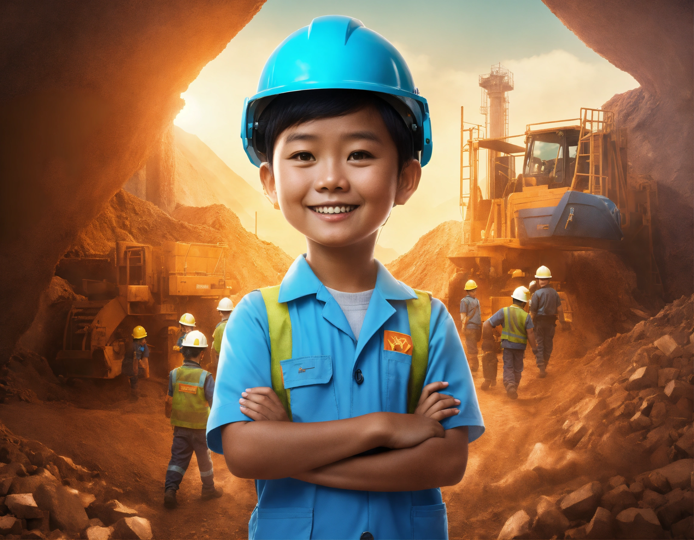 Lexica - Young technical officer wearing light blue engineering uniform, security helmet ...