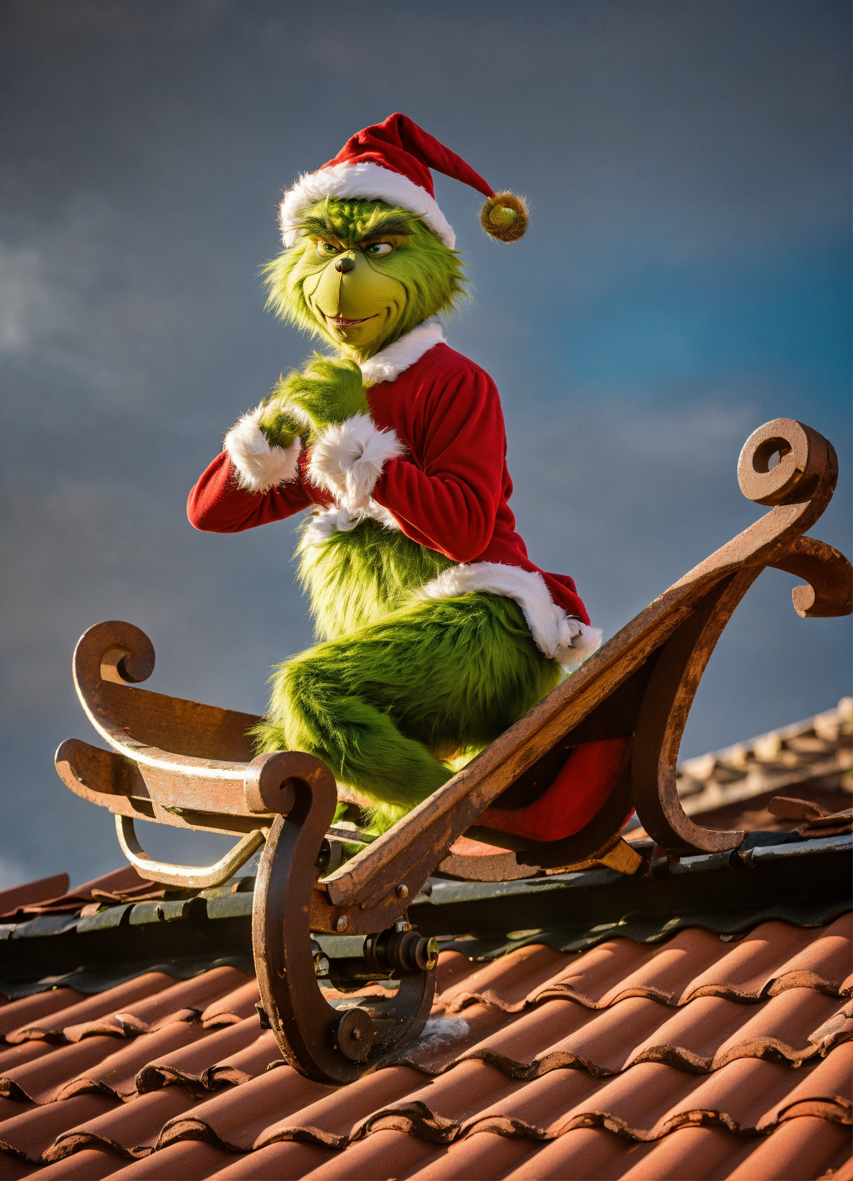 Lexica - The grinch riding his sleigh down roof tiles of a spanish mission