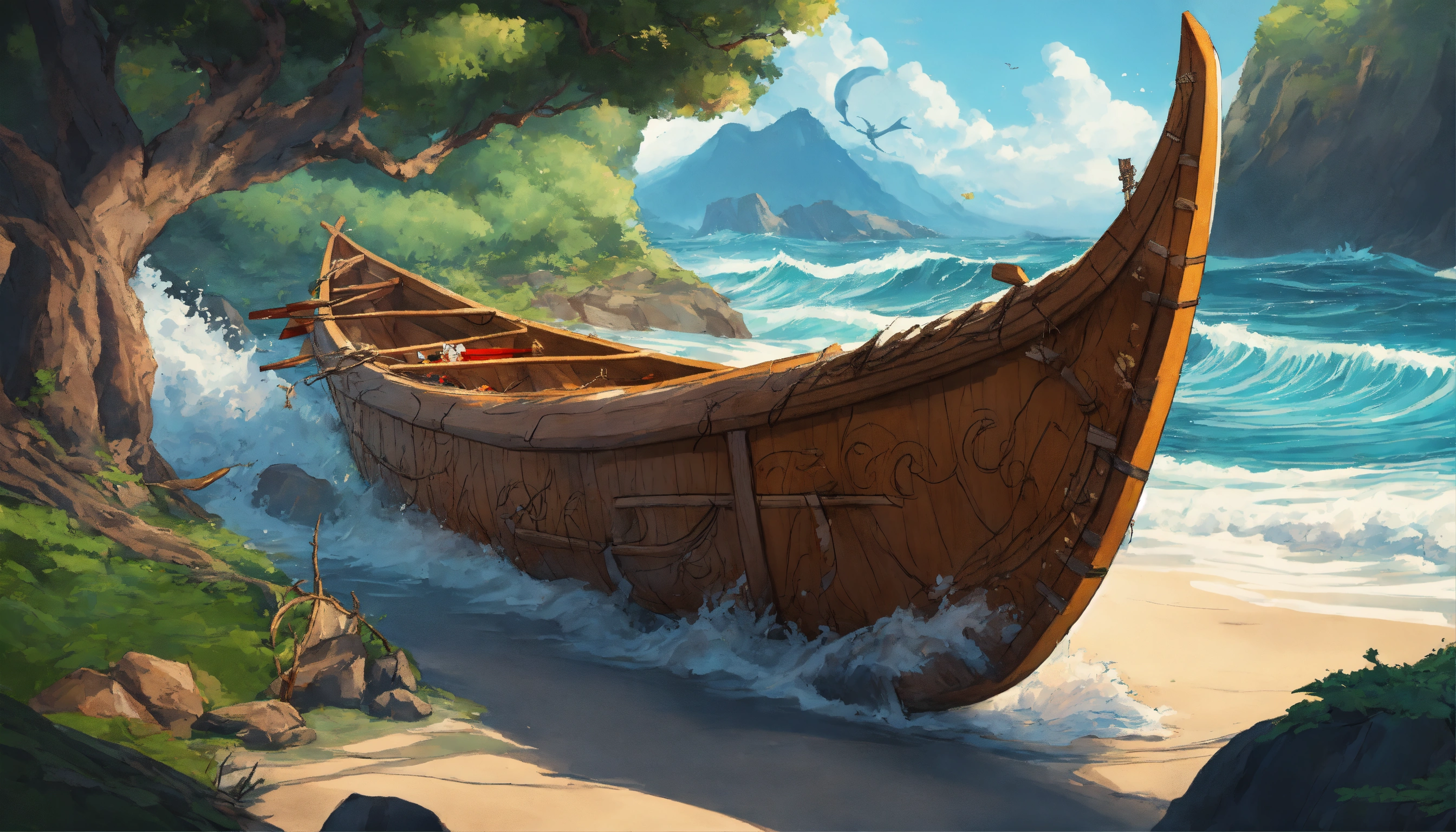 Lexica - A anime style canoe made of branches in a sea facing big waves