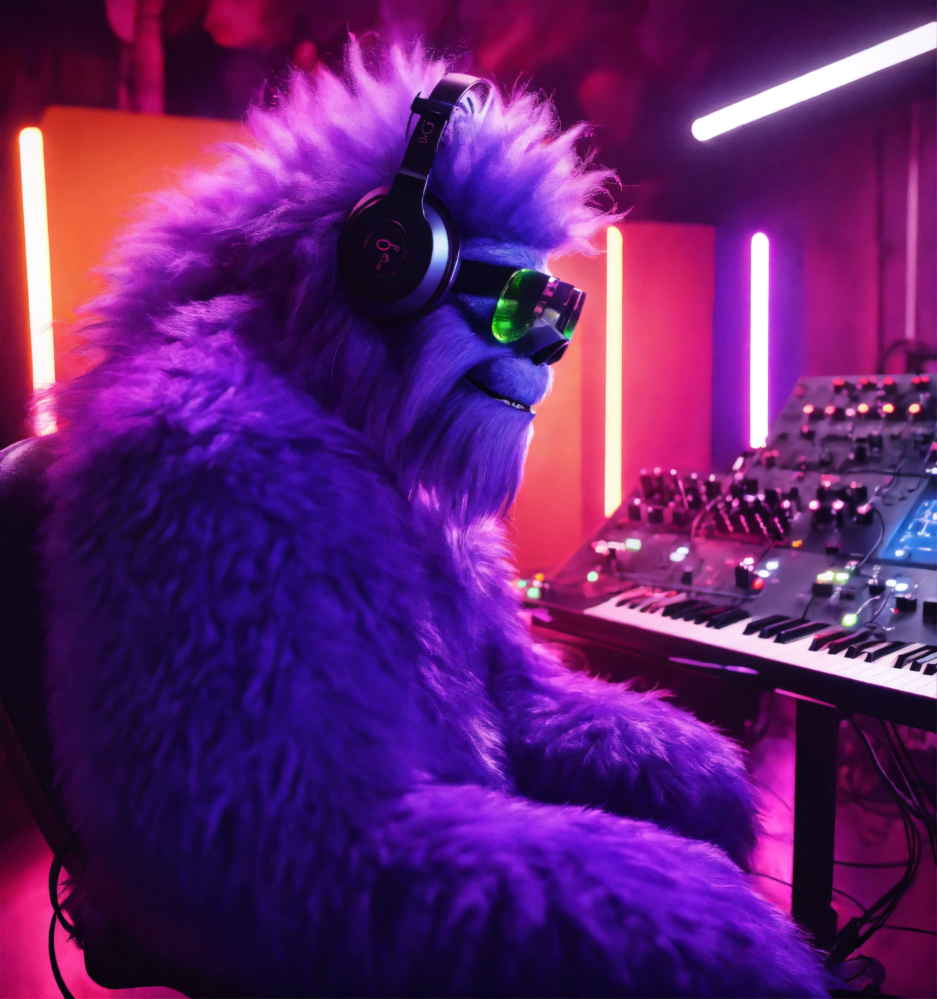 Lexica - Zoom out on a big, fun loving, hairy, tall, violet fur ...