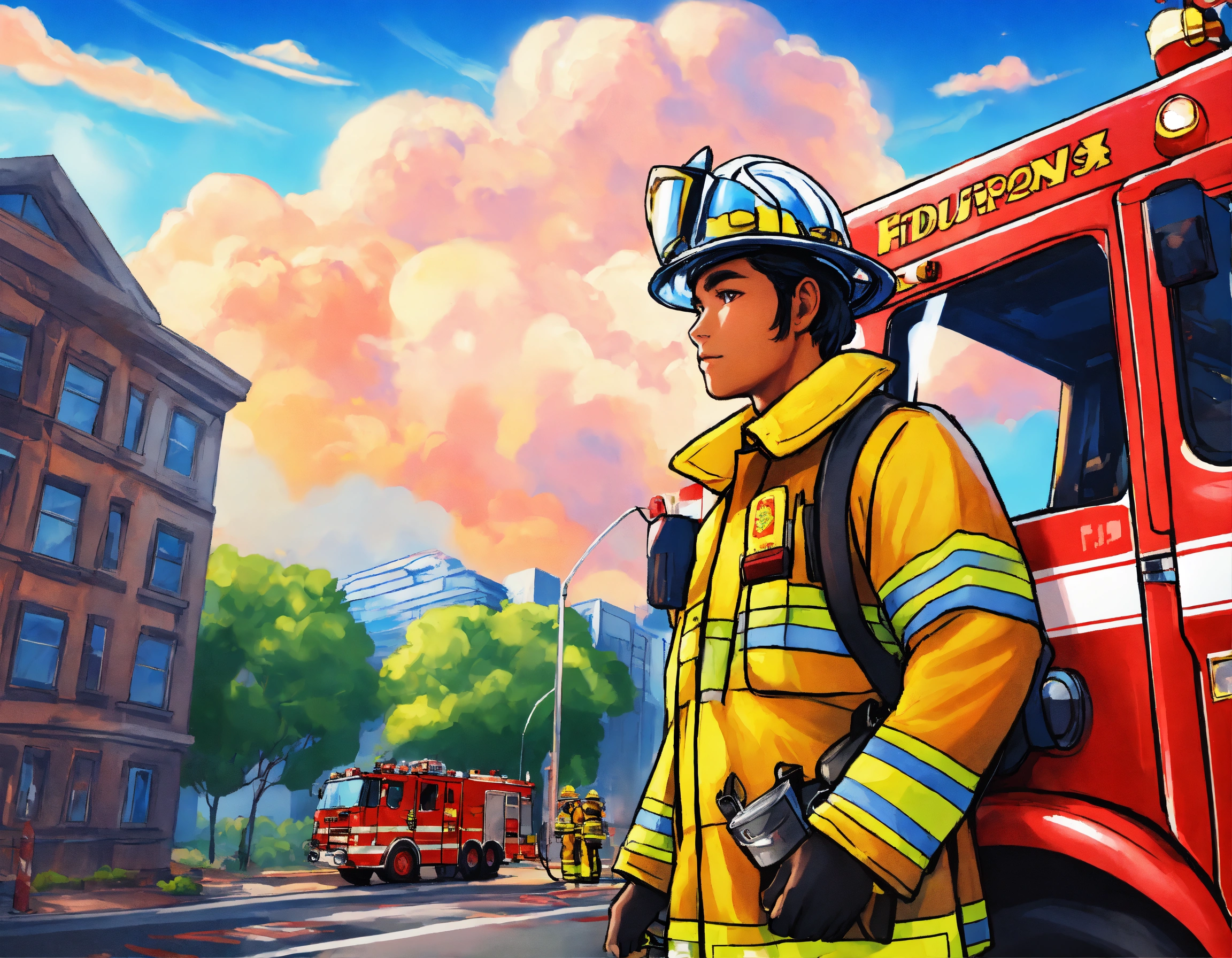 Lexica - A firefighter, Indonesian face, background in front of fire ...