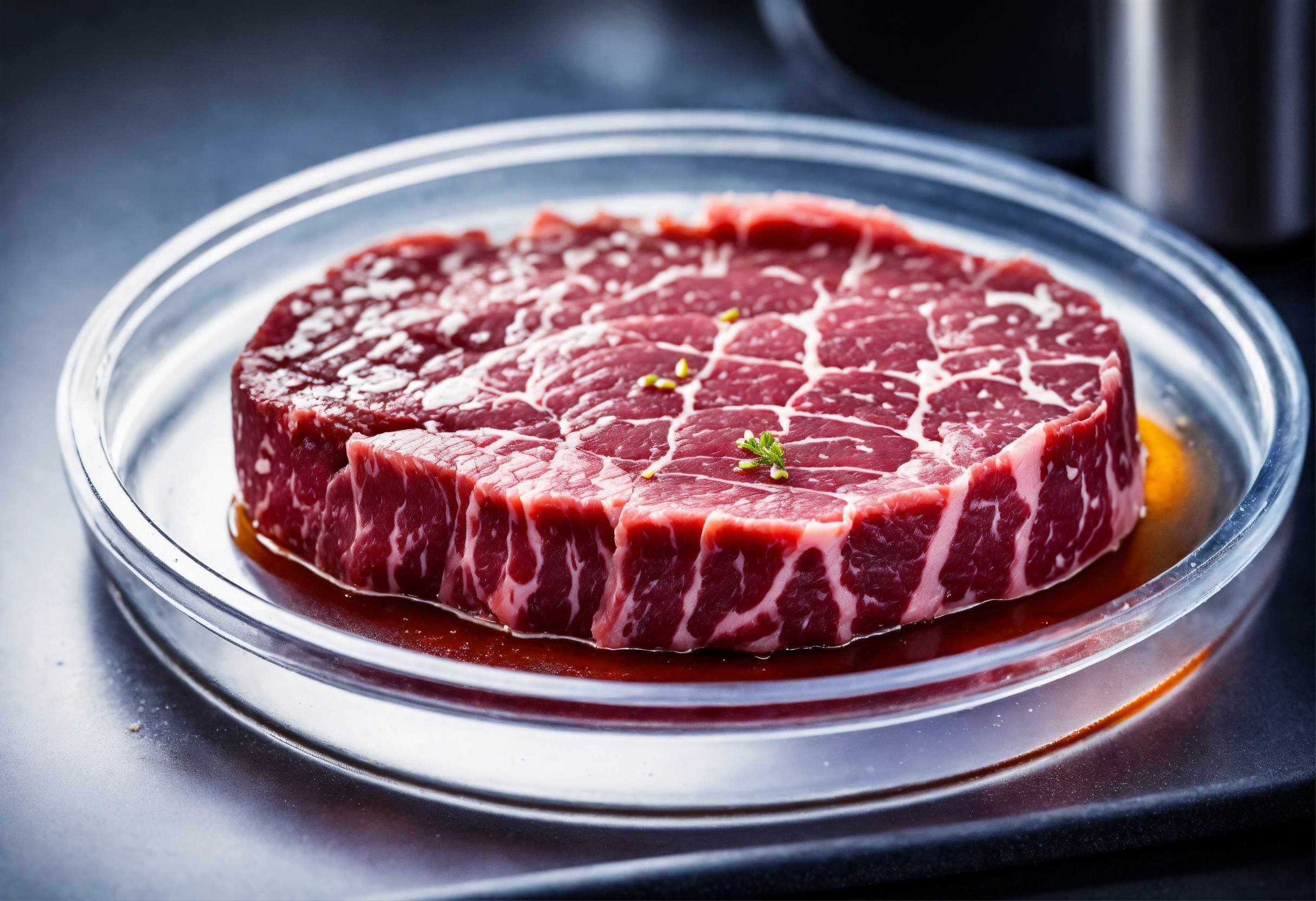 Lexica - Miature piece of raw steak sample in a petri dish on a ...