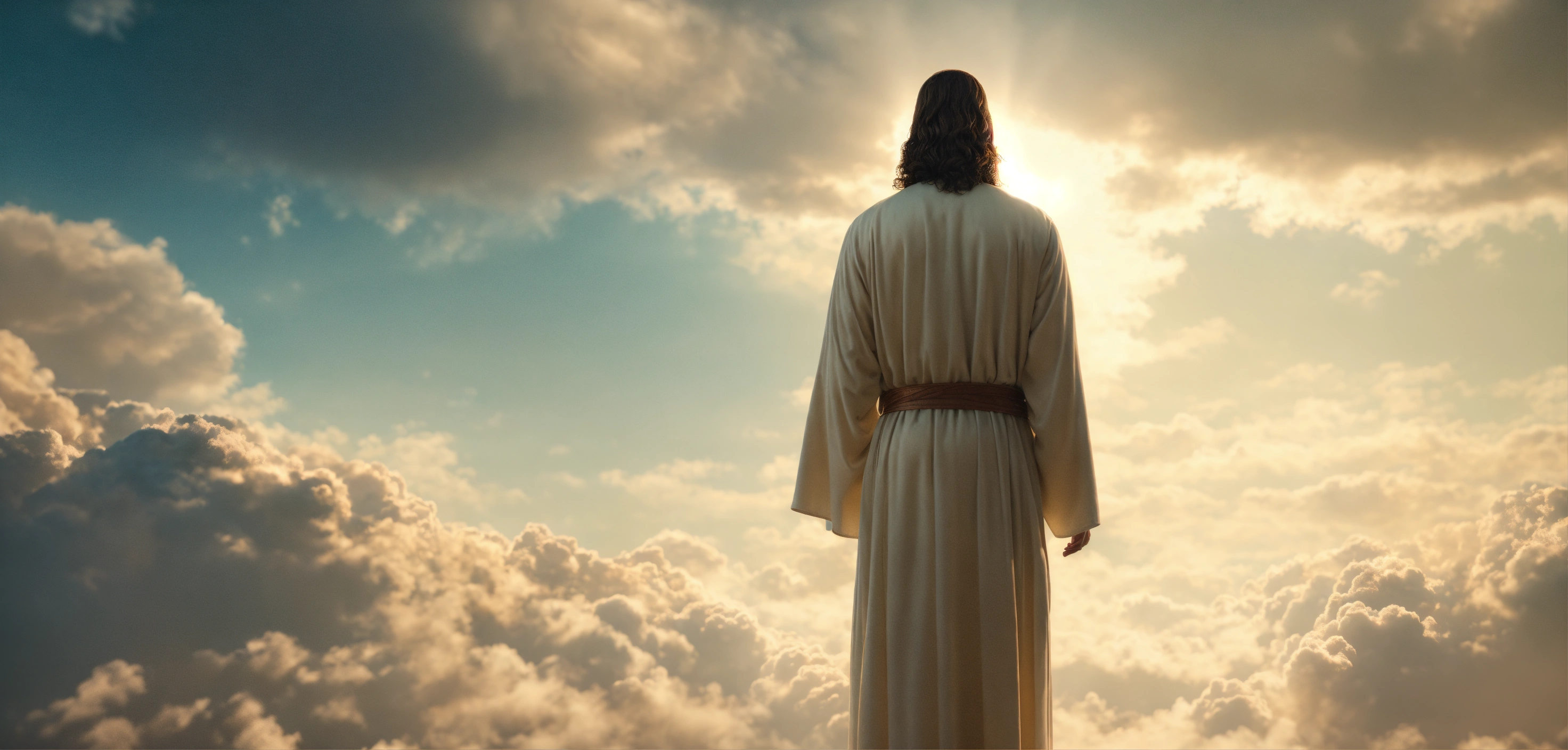 Lexica - Back view of jesus in heaven wth clouds,cinematic shot ...