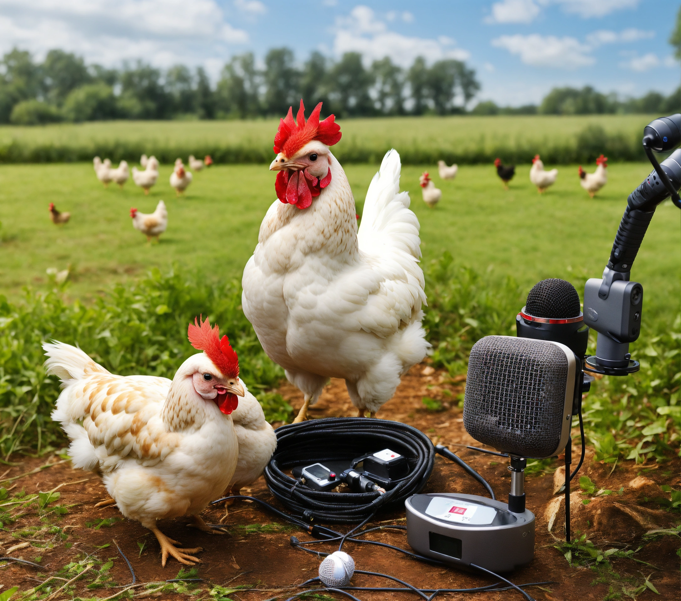 Lexica - Extremely photorealistic picture of chickens and a microphone ...