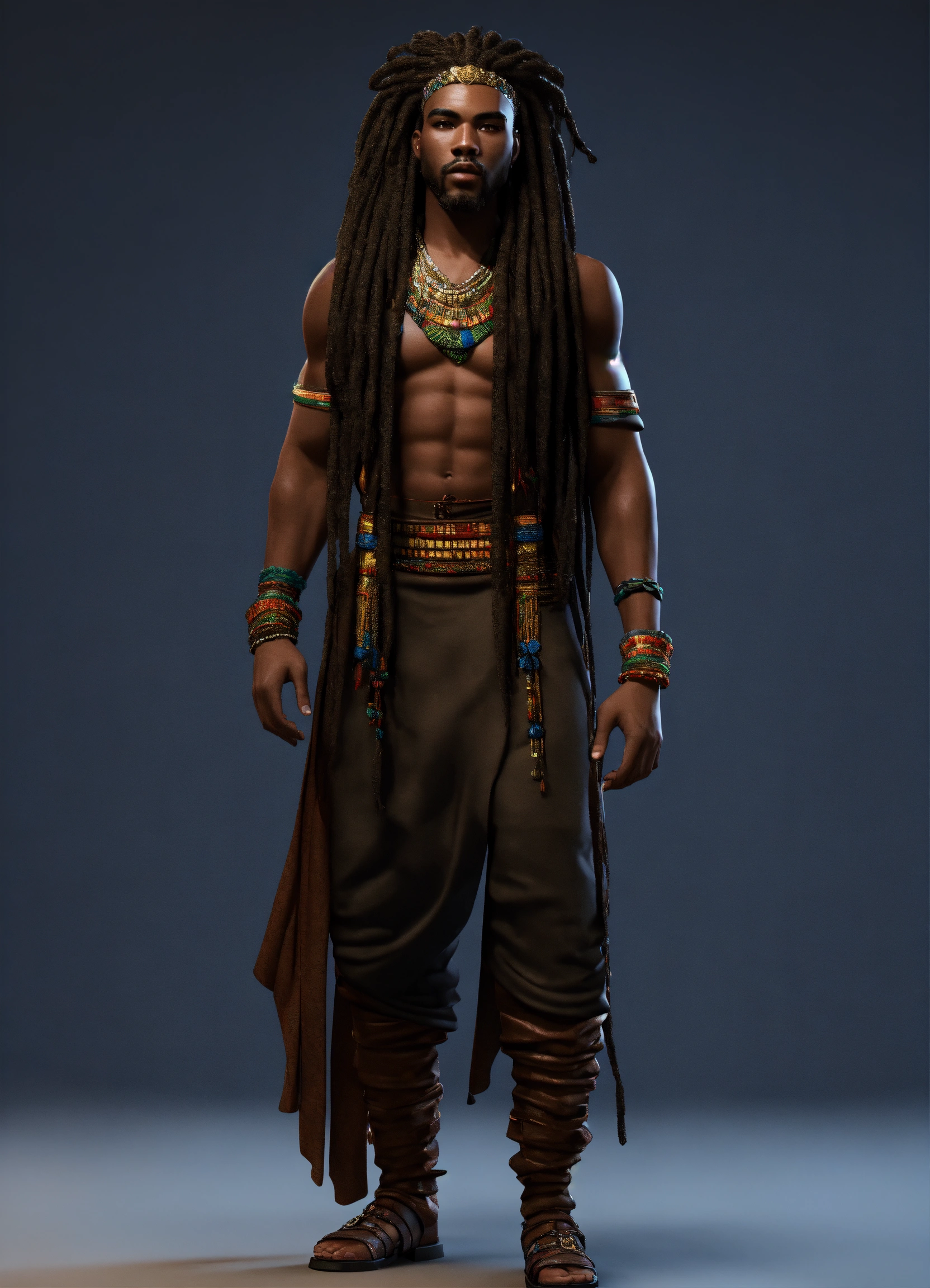 Lexica - 3d render of a Black man with long flowing dreadlocks, 6'5" tall, well-built, full body ...