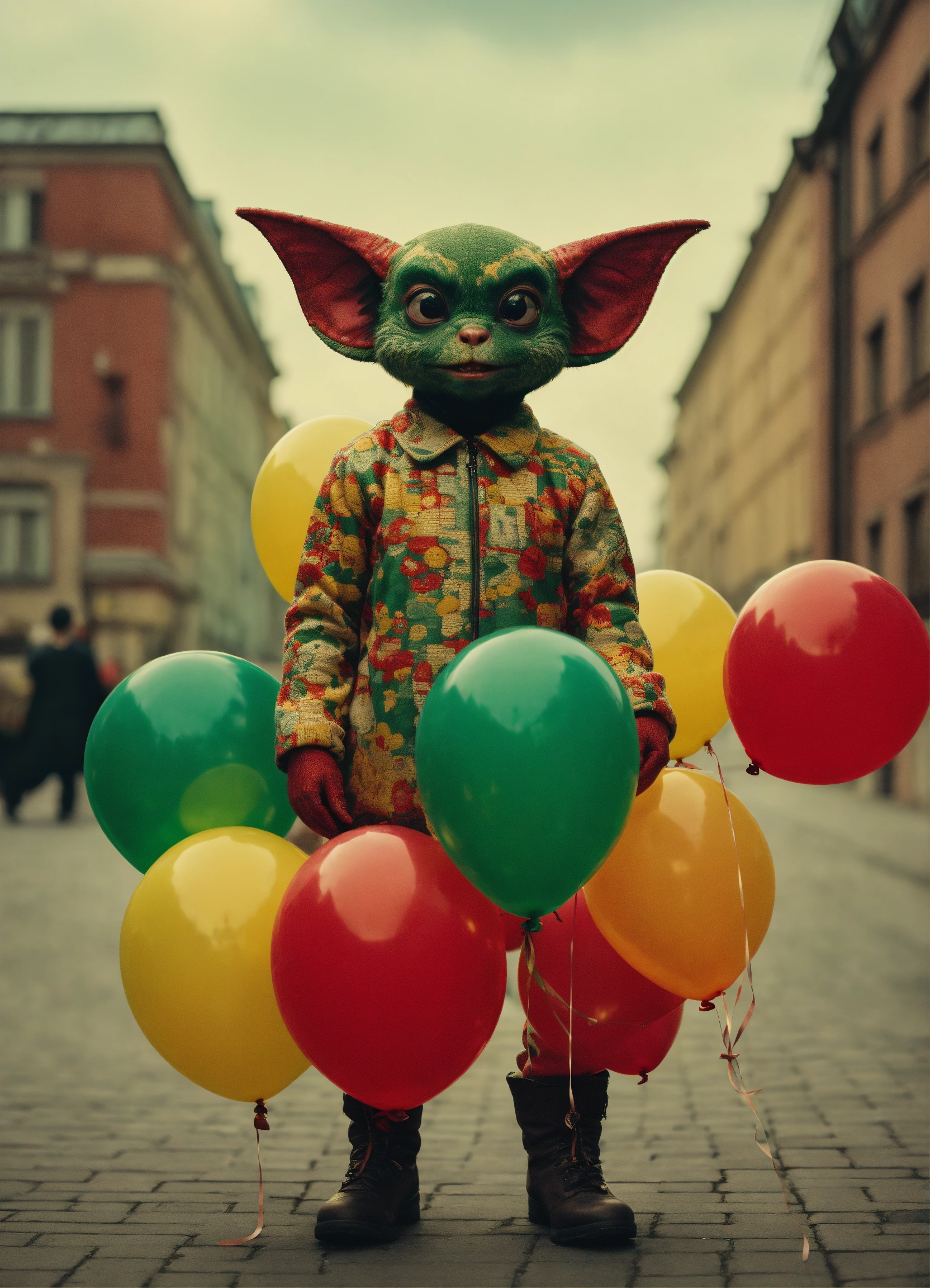 Lexica - Leica portrait of a gremlin holding balloons, coded patterns ...