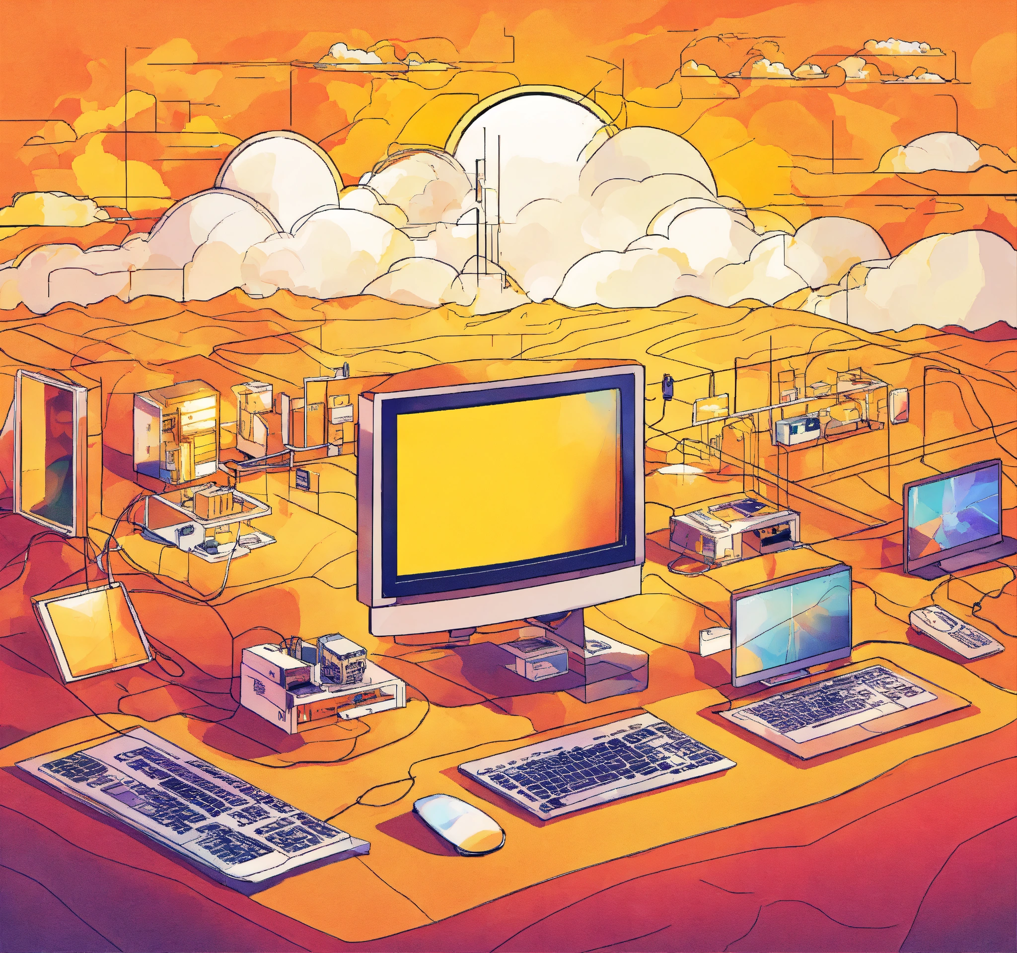 Lexica - Please generate a lively artwork of computers and cybersecurity under sunshine and clouds.