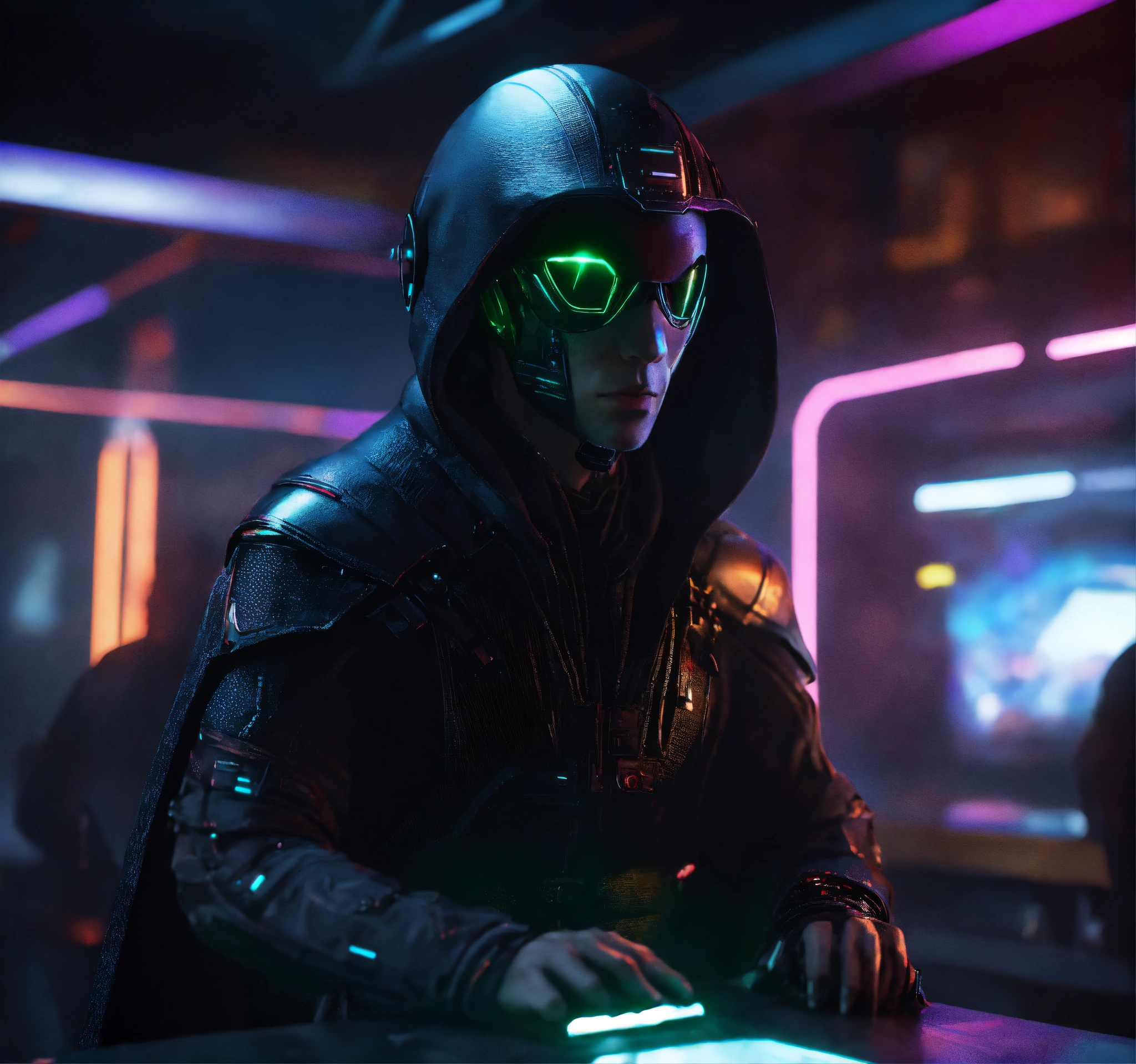 Lexica - Male alien mutant half cyborg hacker wearing a hood, wearing a ...