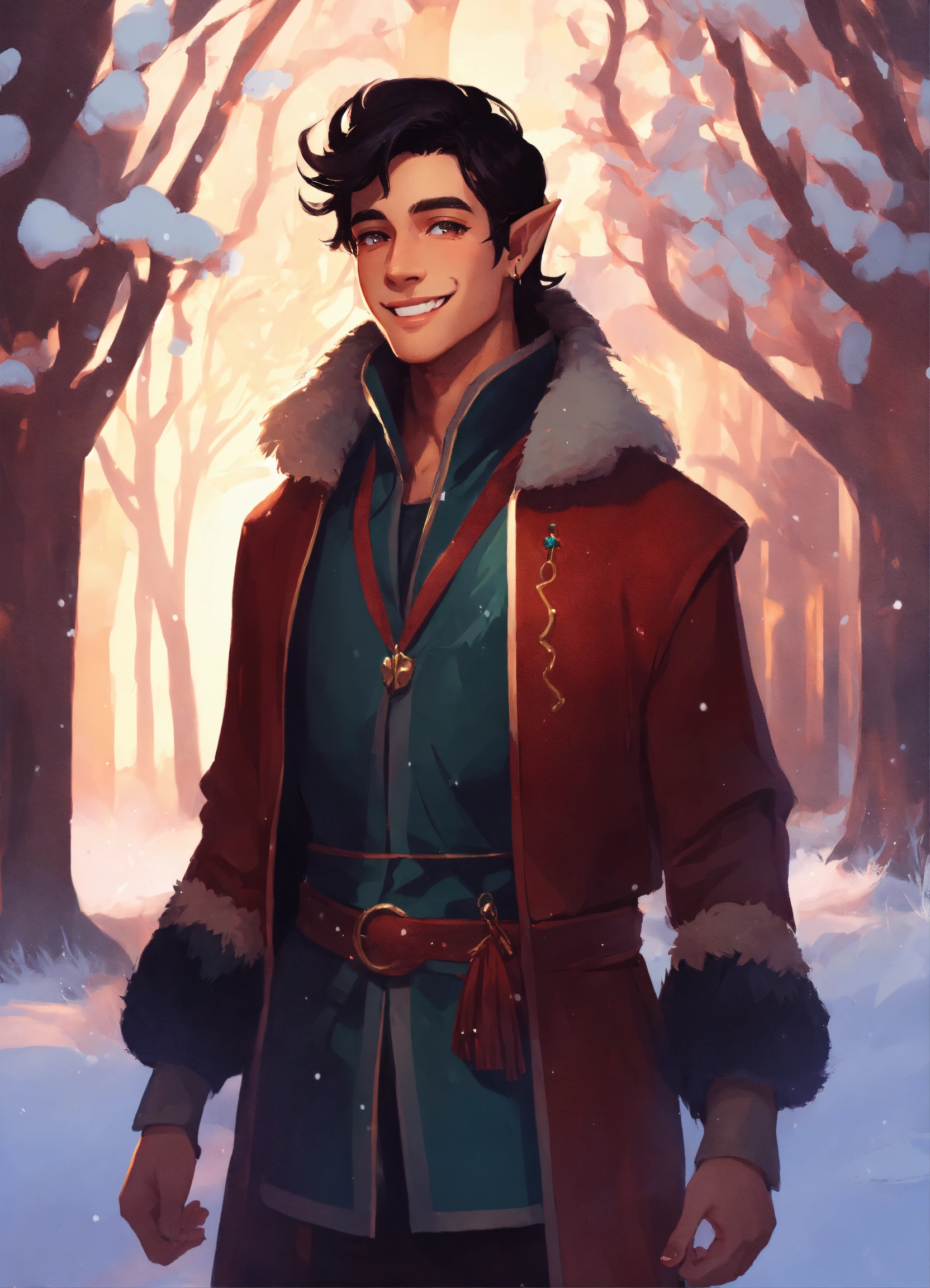 Lexica - 25 year old elf man, black hair, hazel eyes, smile, by james ...