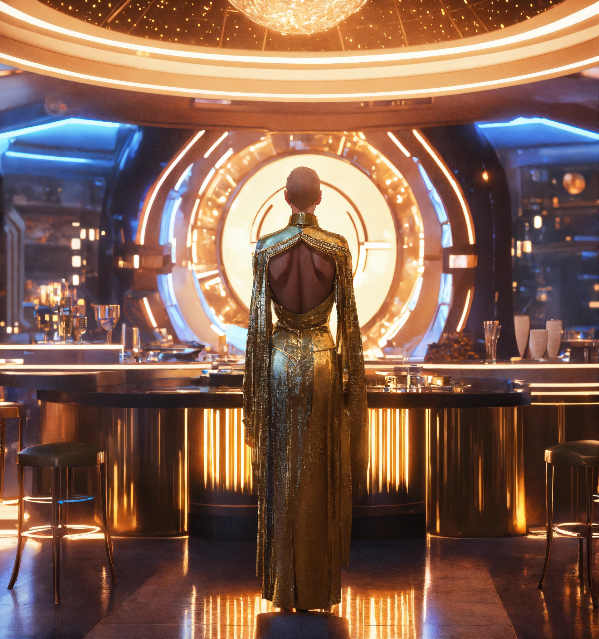 Lexica - Zoom out from an alluring humanoid wearing a fancy space robe ...