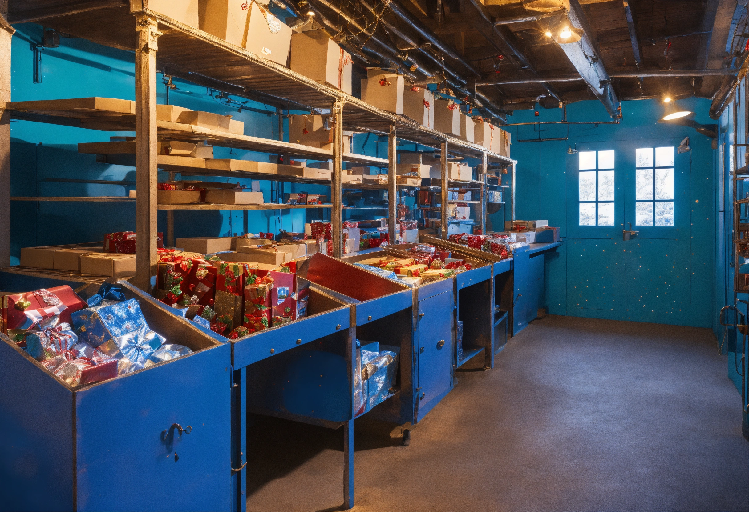 Lexica - Santa Claus gift factory from the inside in blue