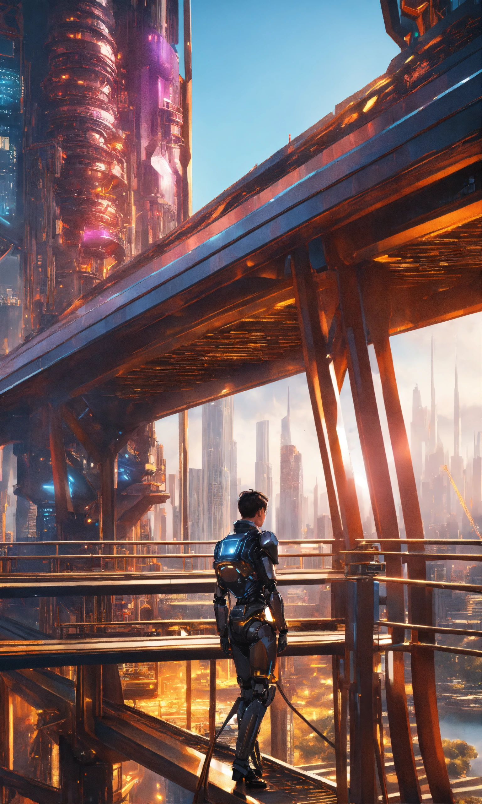 Lexica - A person on top of a bridge, inside a futuristic city that it ...