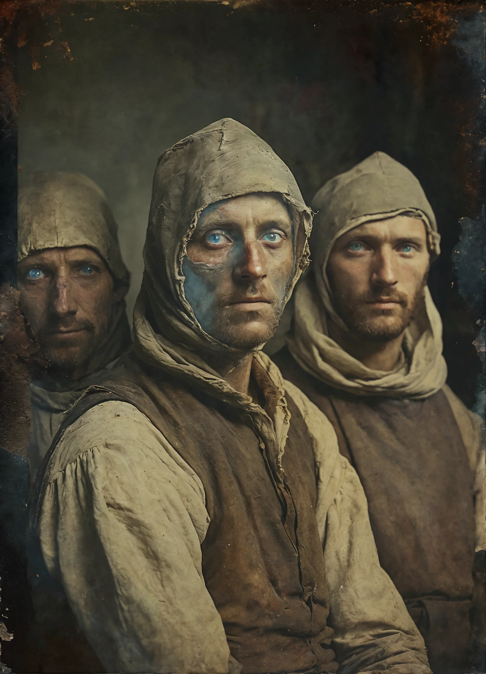 Lexica - A faded photograph of medieval workers, but their eyes are ...