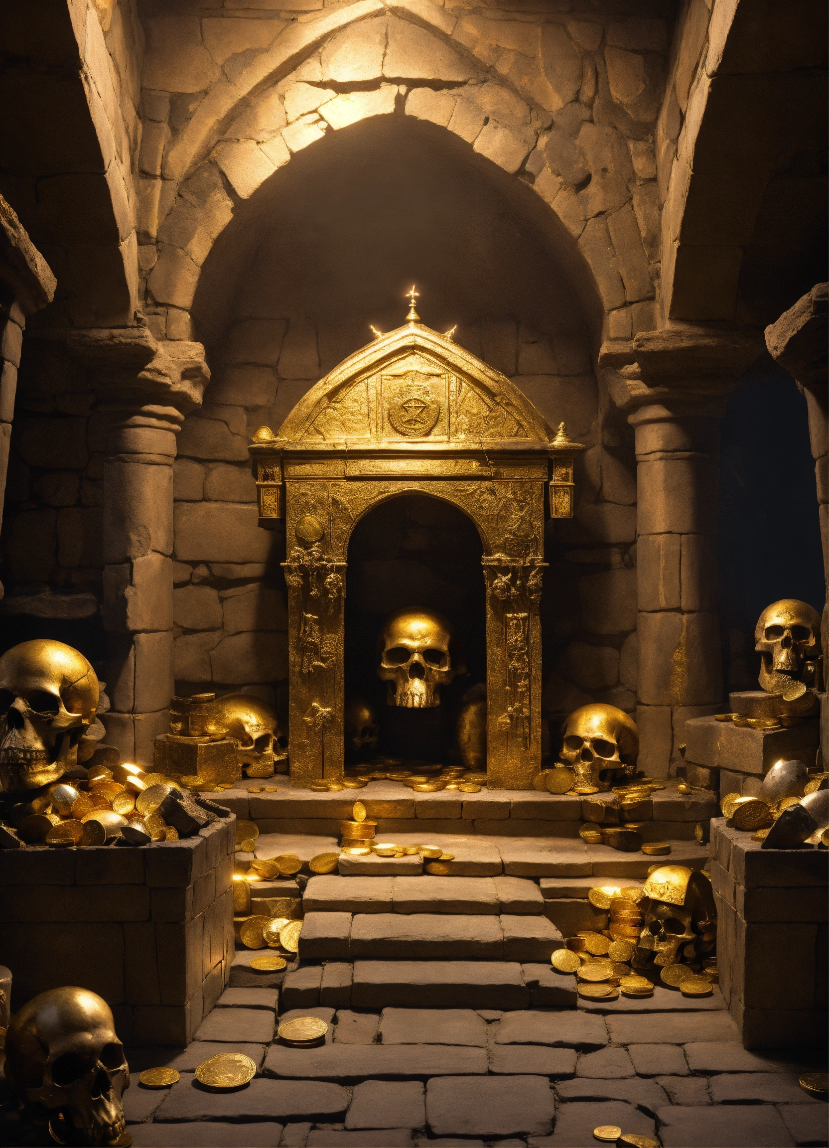 Lexica - Large Medieval looking tomb with large skulls, treasure chests ...