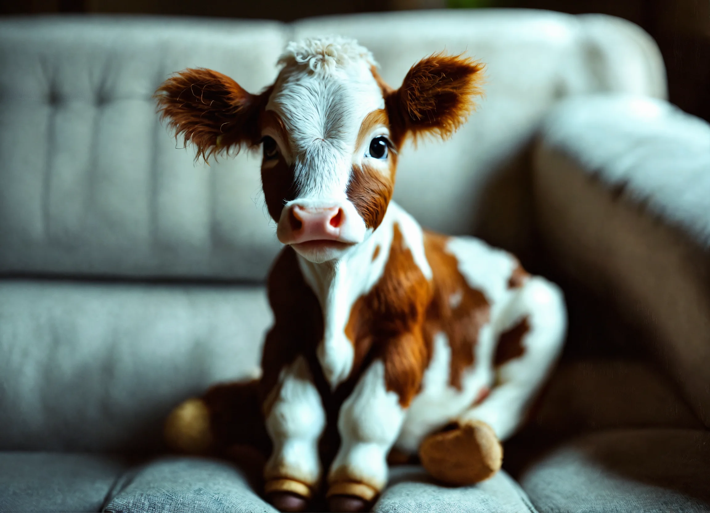 Lexica - Realistic photo of small baby cow sitting on a sofa