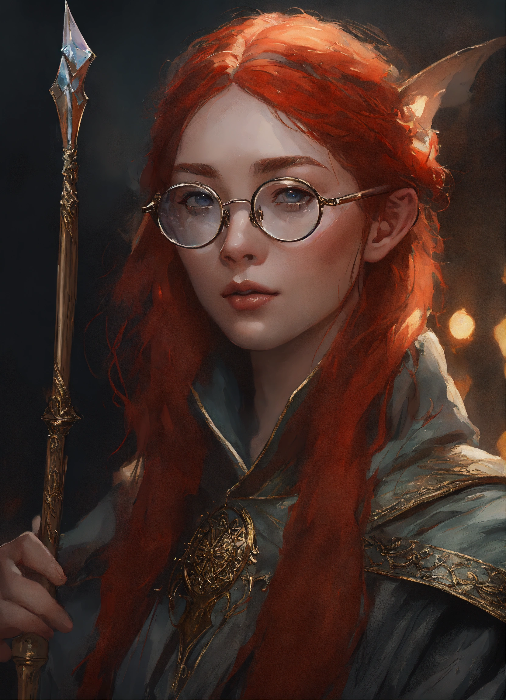 Lexica - Middle-aged elf wizard, grey skin, red hair, half moon glasses ...