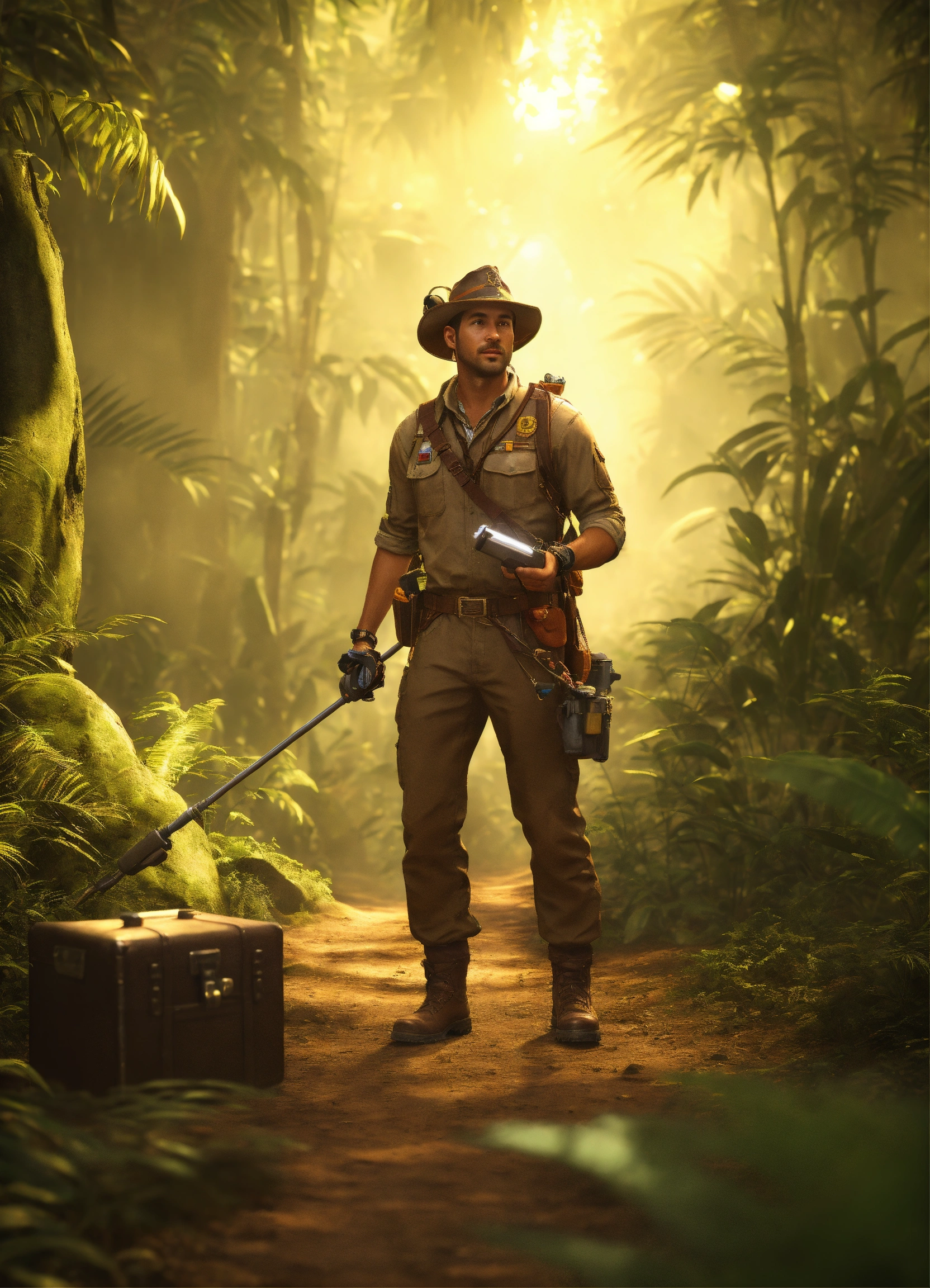 Lexica - A 35-years-old Treasure Hunter with a explorer hat and dressed ...