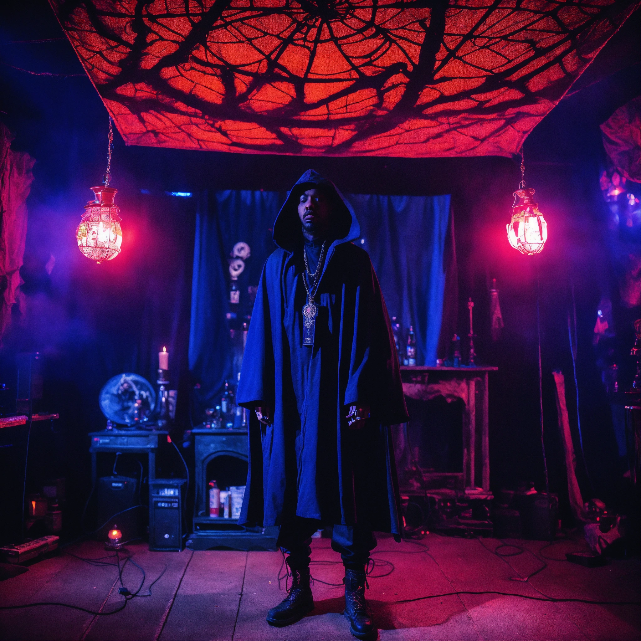 Lexica - New wave rapper on stage, indigo cape, in an indigo dracula ...