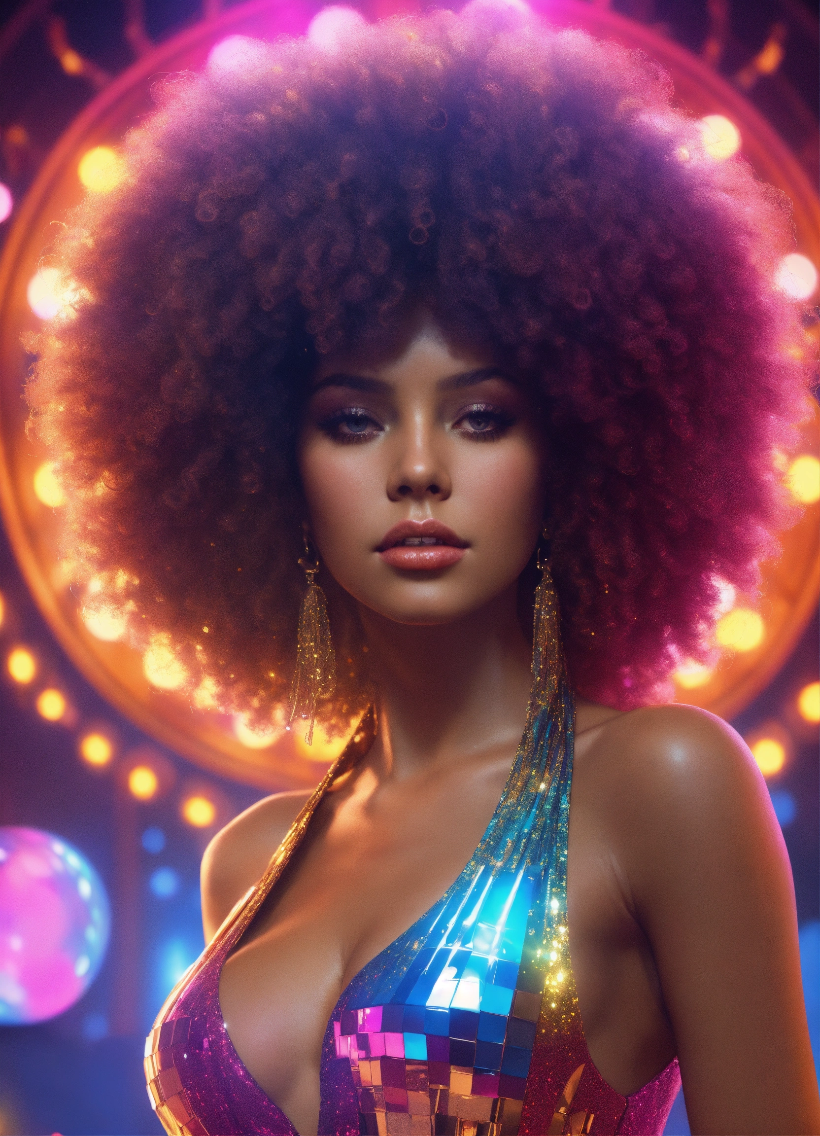 Lexica - "glamorous 70s disco queen", massive afro hair, 70s disco fashion, disco ball, glitter ...