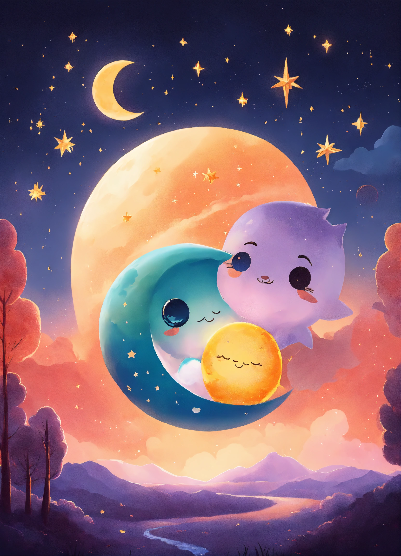 Lexica - A cute drew,Star, Moon and Sun hugging each other in a ...