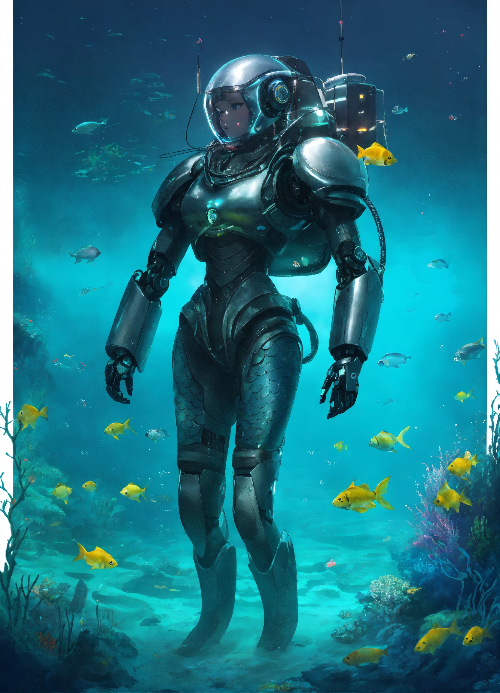 Lexica - A robot mermaid in the bottom of the sea, dark light , whit a ...