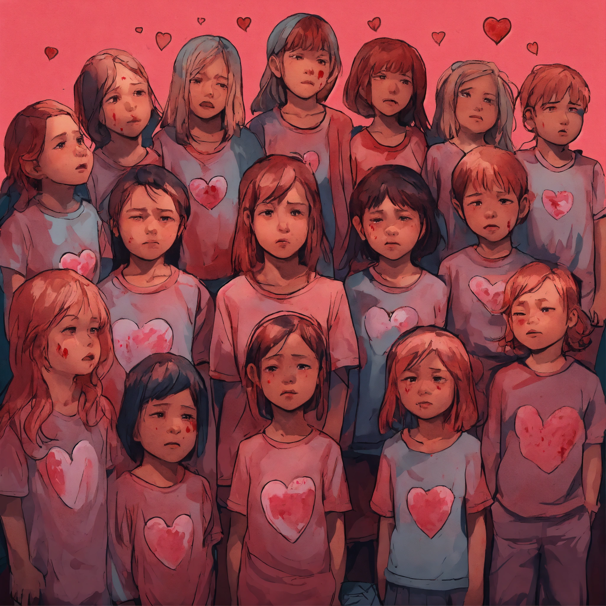 Lexica - Please generate a drawing of a big group of sad children and ...