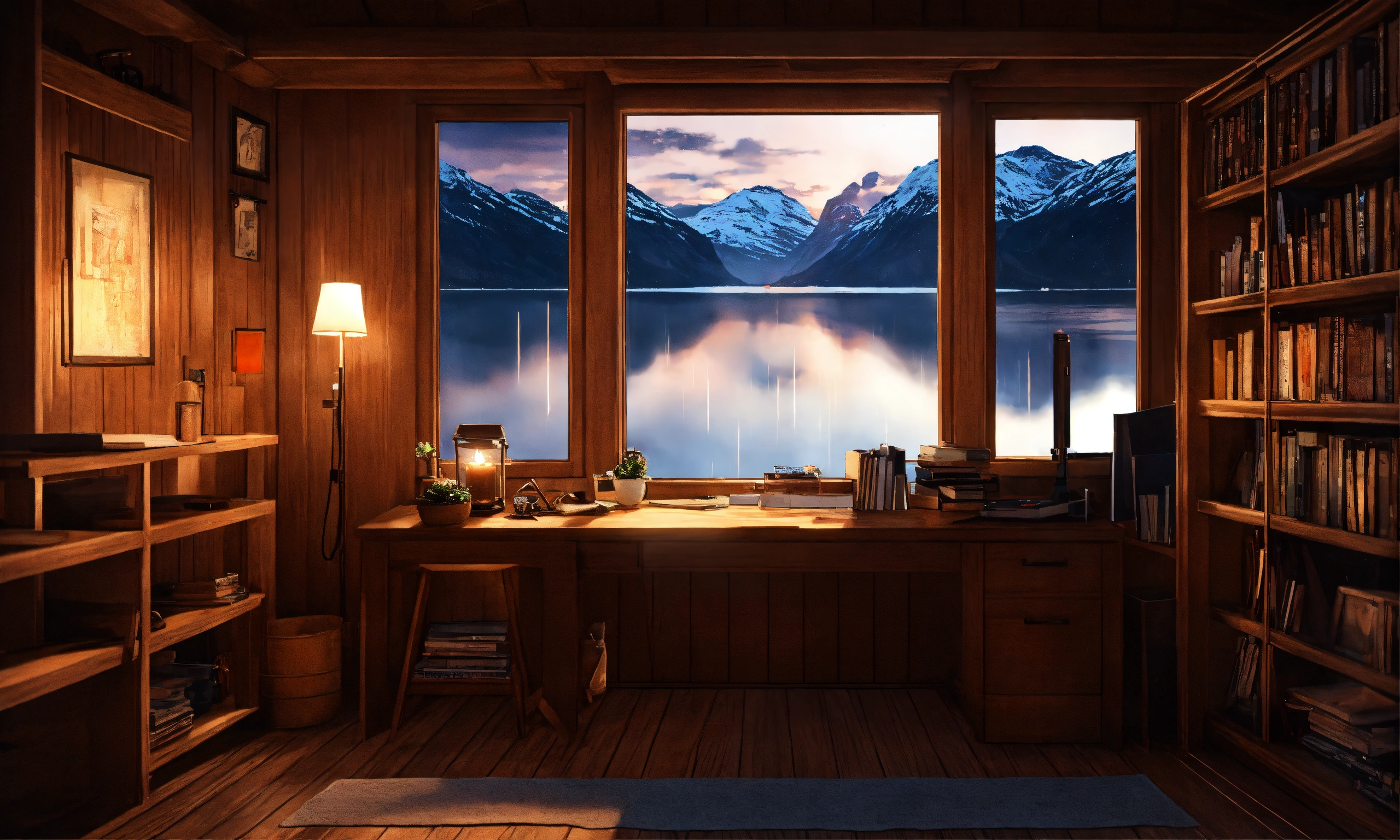 Lexica - Anime study room in finland against fjord, big centered window ...