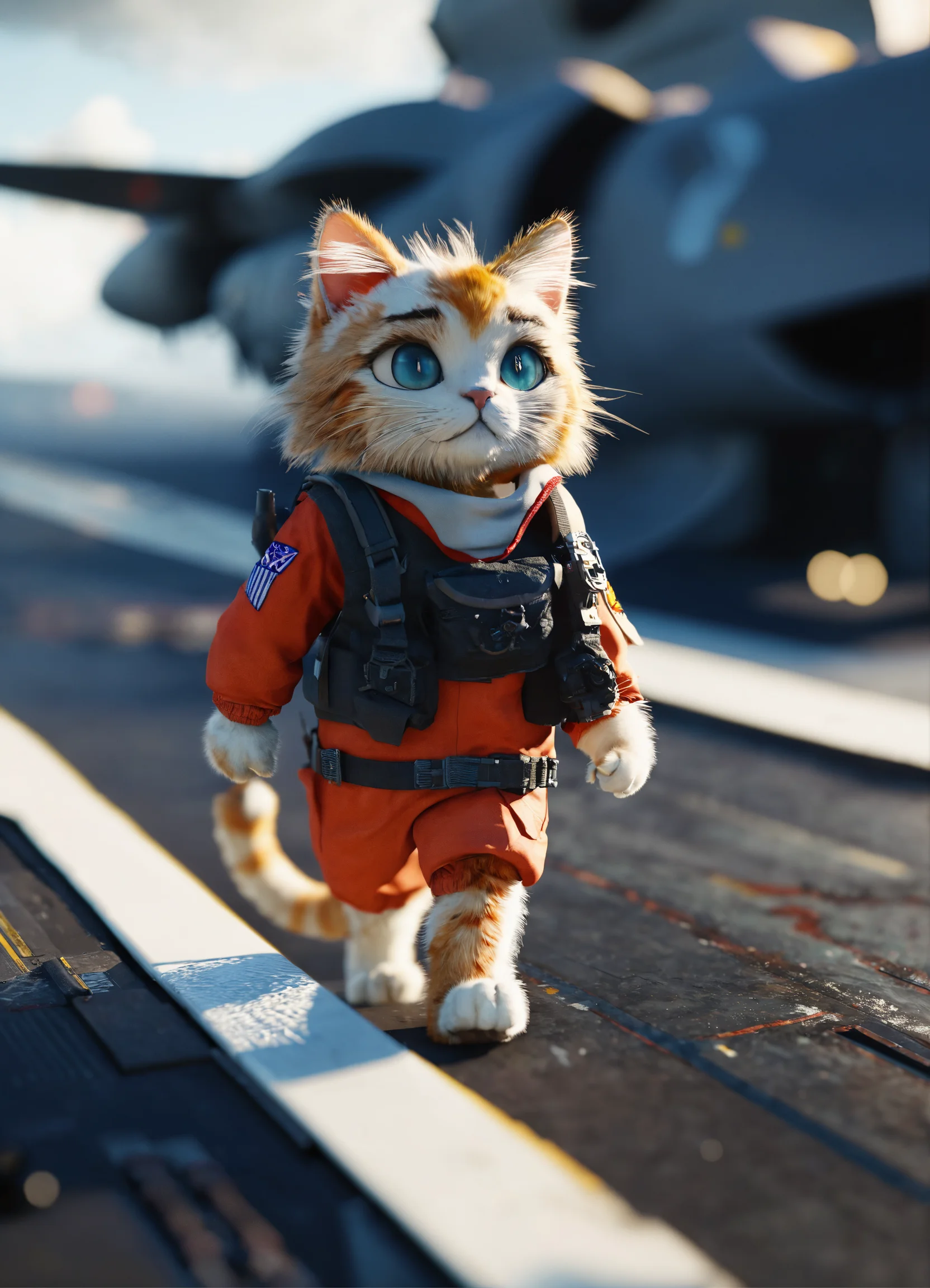 Lexica - A cute fluffy cat pilot walking on a military aircraft carrier ...