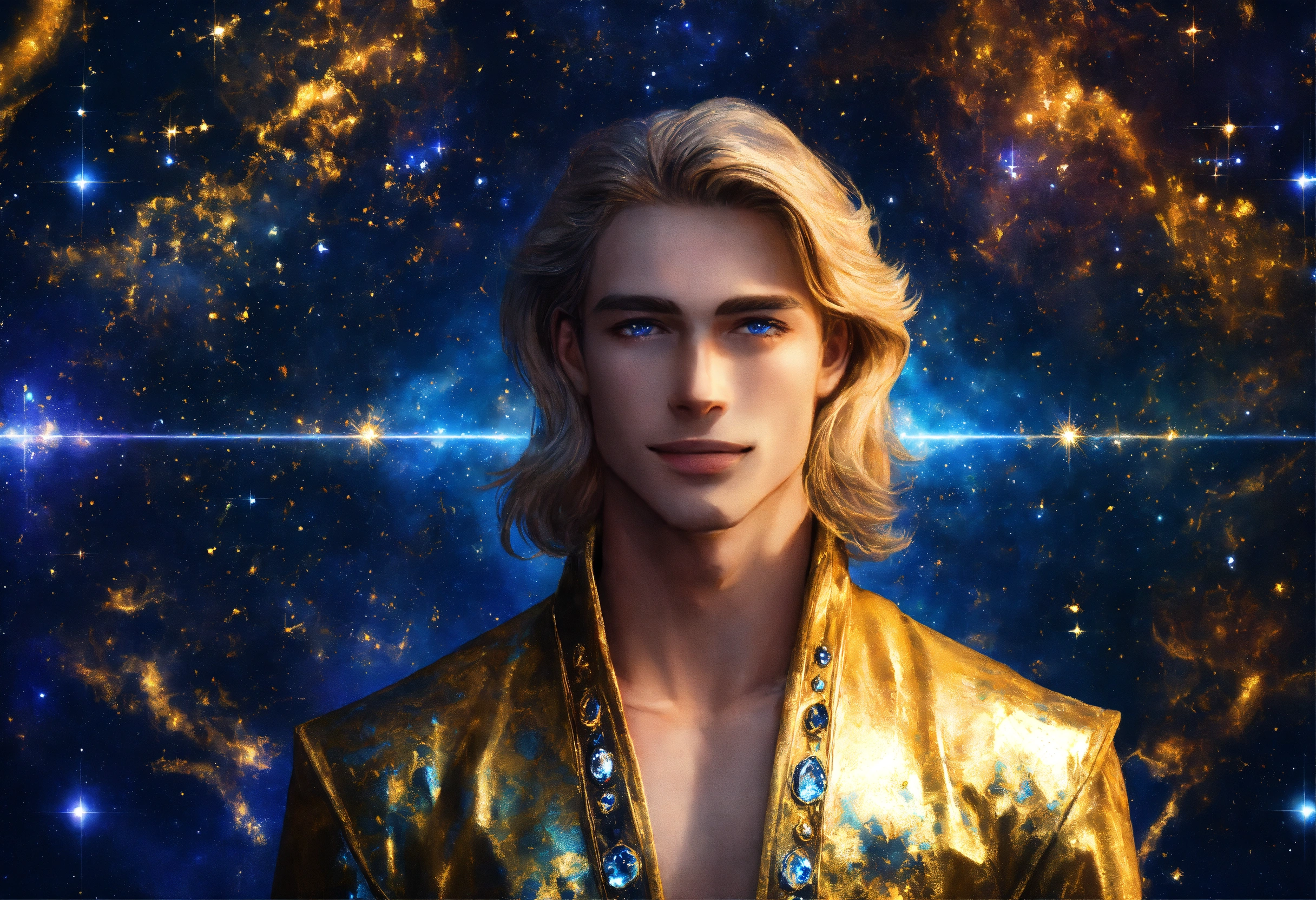 Lexica - Beautiful faces galactic men long blond hair, smiling, blue ...